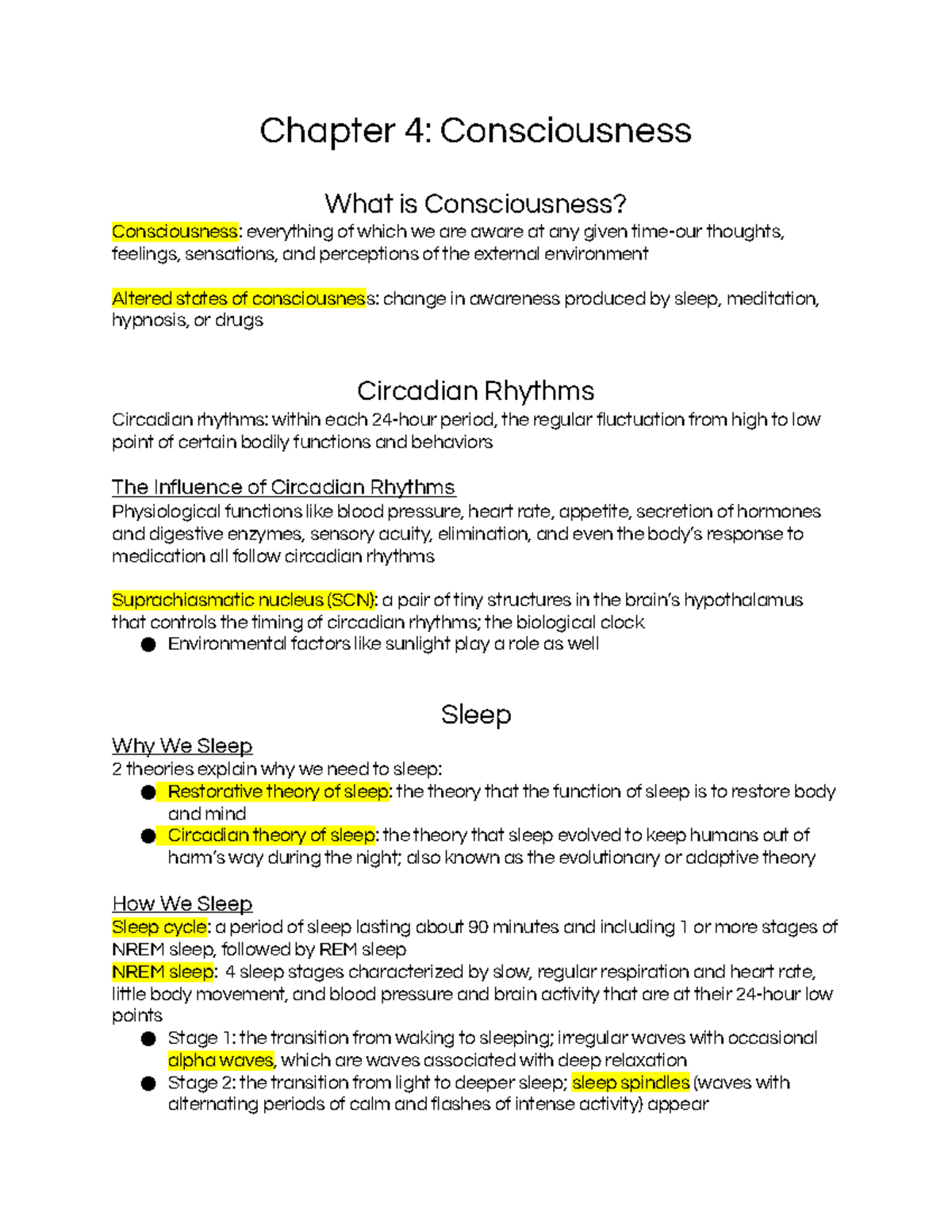 Psychology Chapter 4 Notes - Chapter 4: Consciousness What is ...