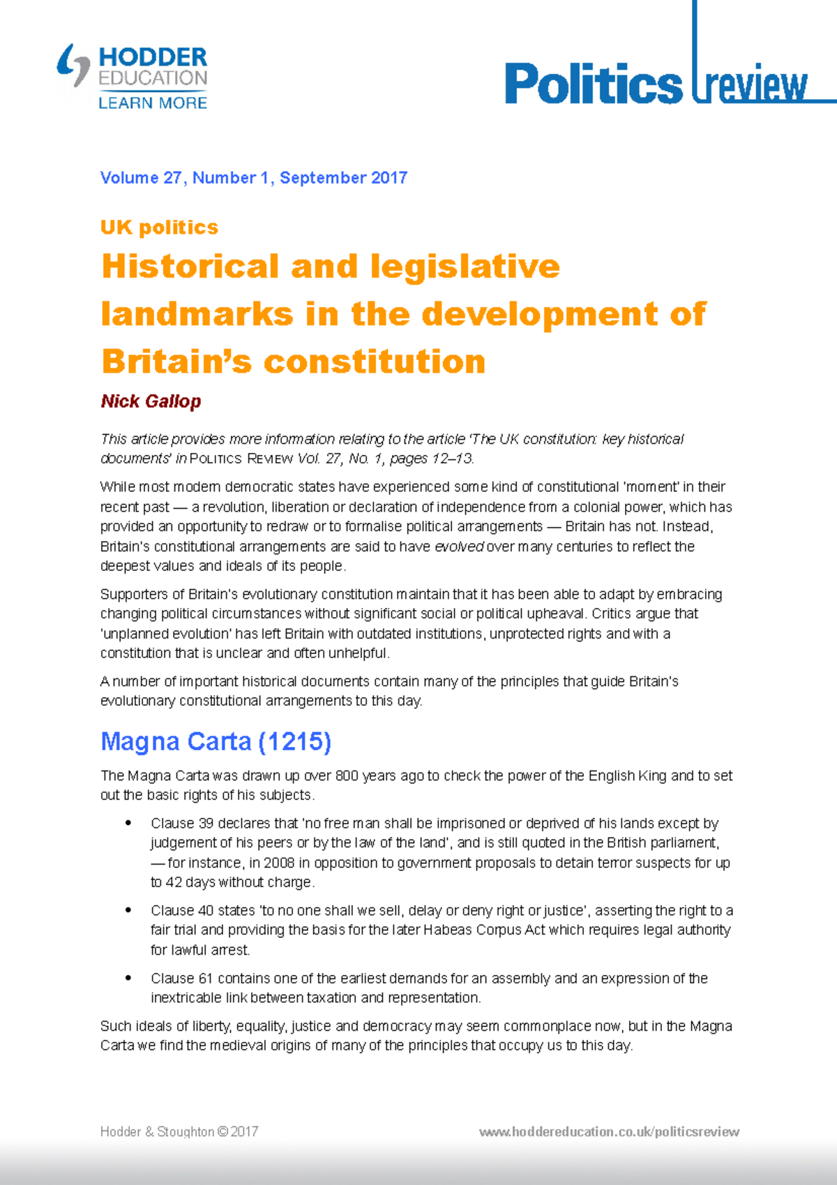 Politics Review 27 1 British constitution - Volume 27, Number 1 ...