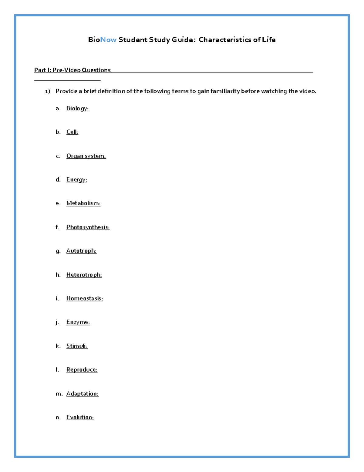 Bio Now Characteristics of Life Student - BioNow Student Study Guide ...