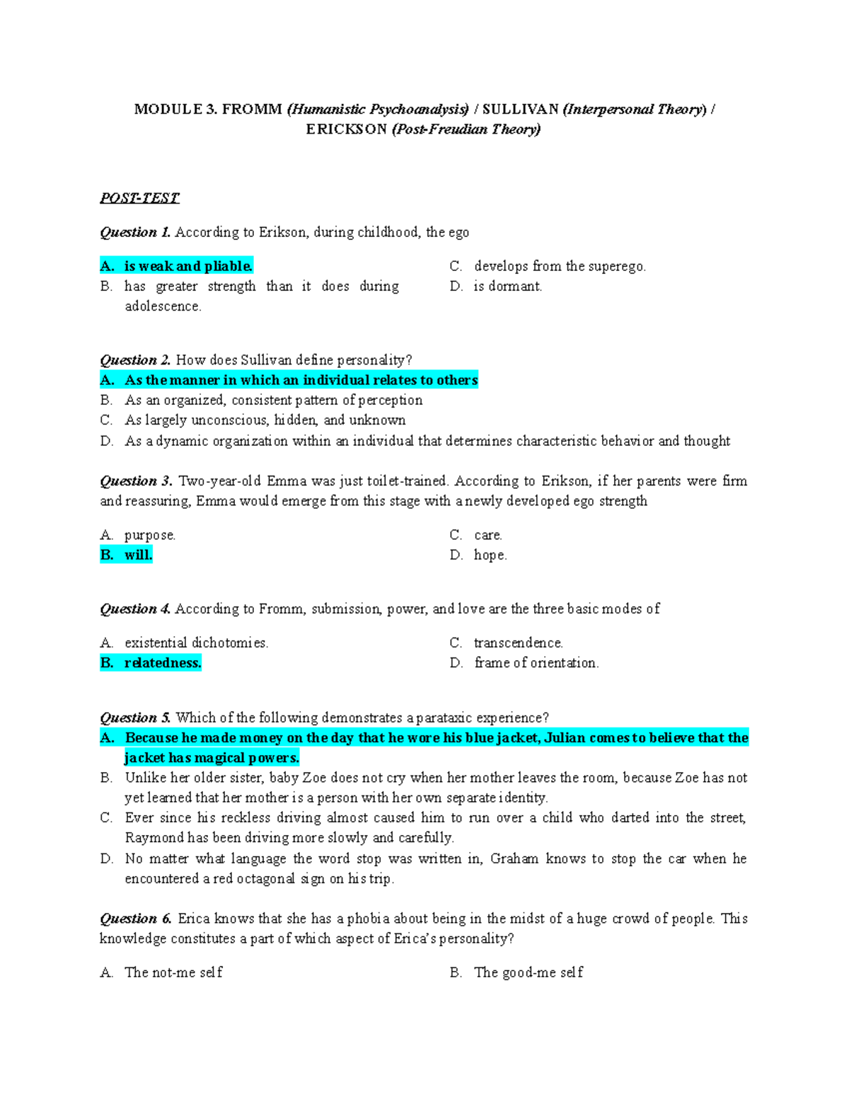 TOP - KEY Answers THEORIES OF PERSONALITY - MODULE 3. FROMM (Humanistic ...
