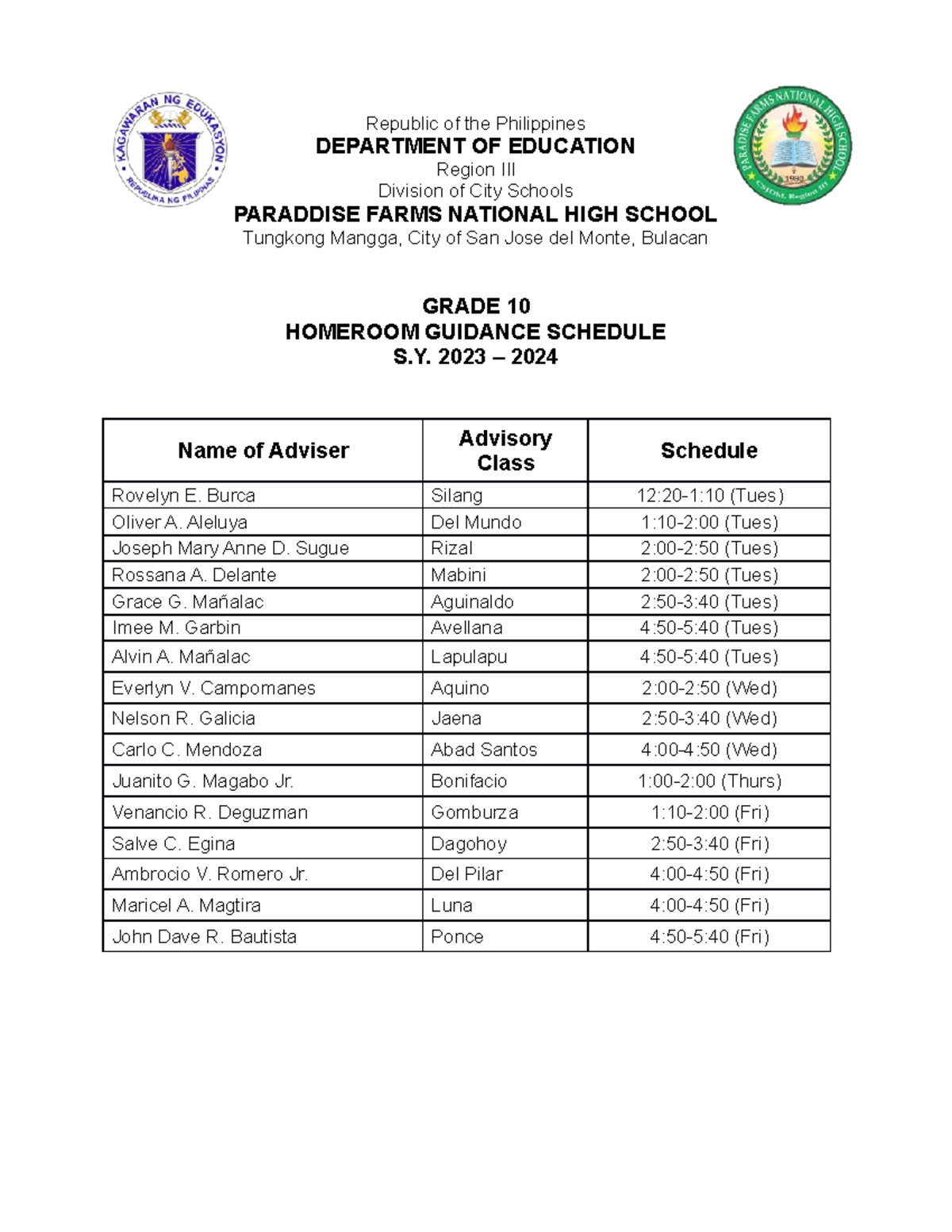 Grade 10 Homeroom Guidance Schedule - Republic of the Philippines ...