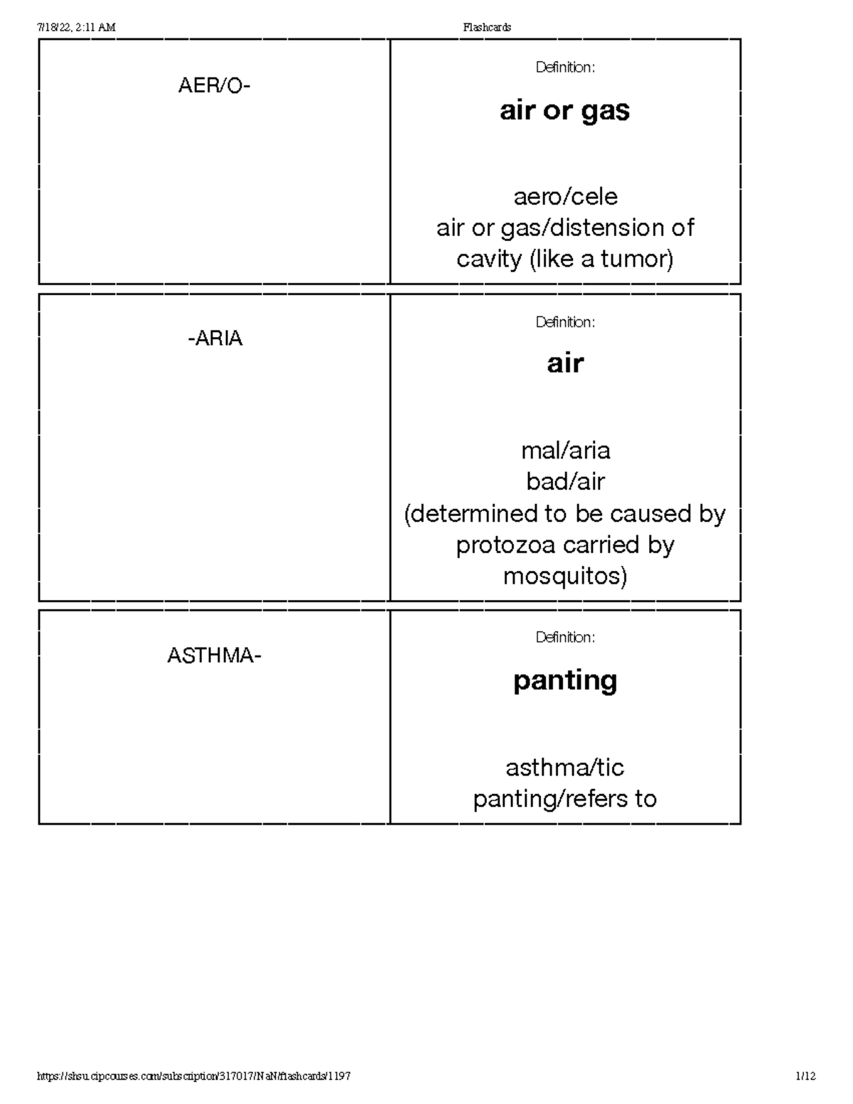 Flashcards Pt. 8 - AER/O- Definition: air or gas aero/cele air or gas ...
