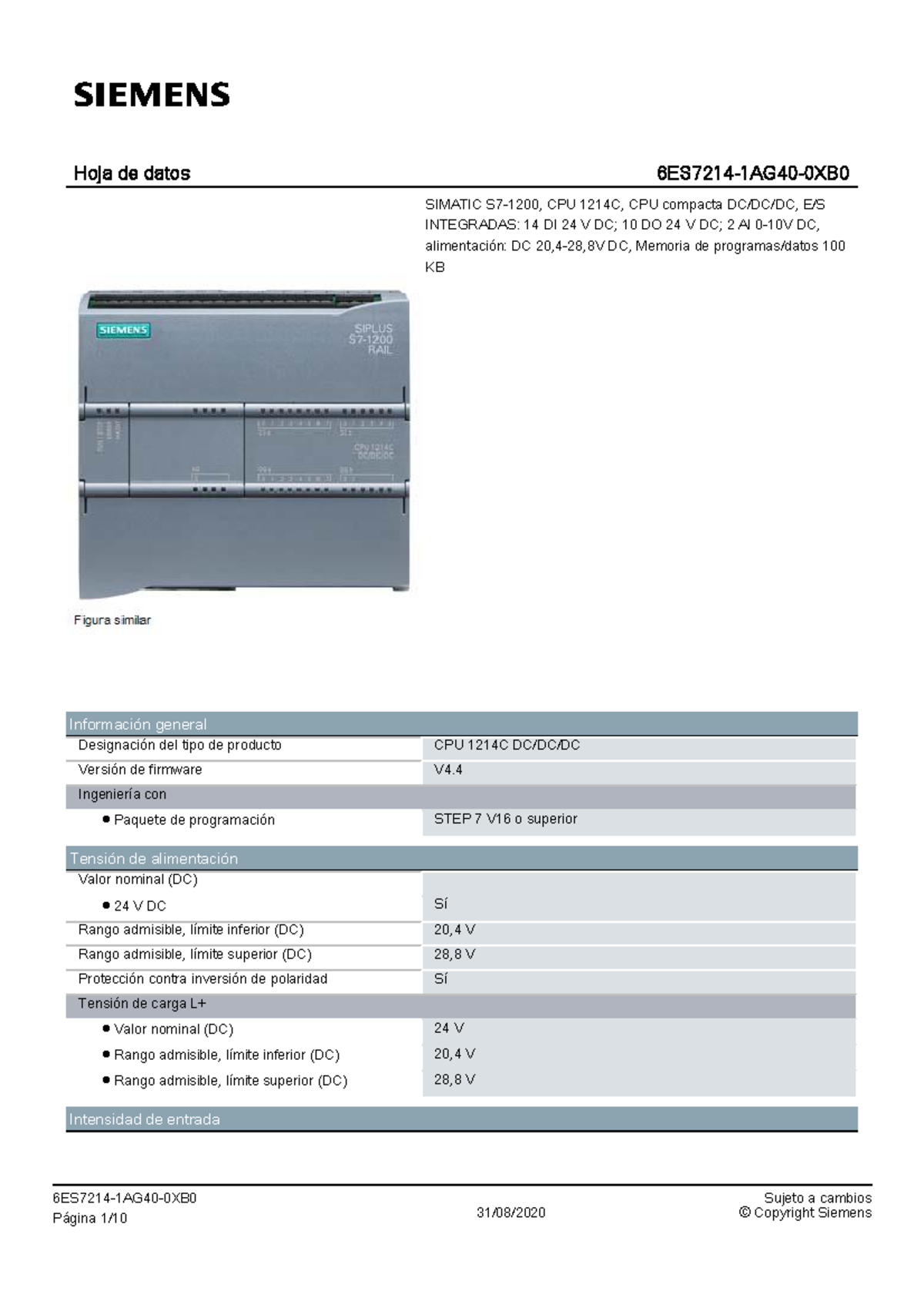 11. Controlador Electronico Programable Simatic S7-1200 - Hoja de datos ...