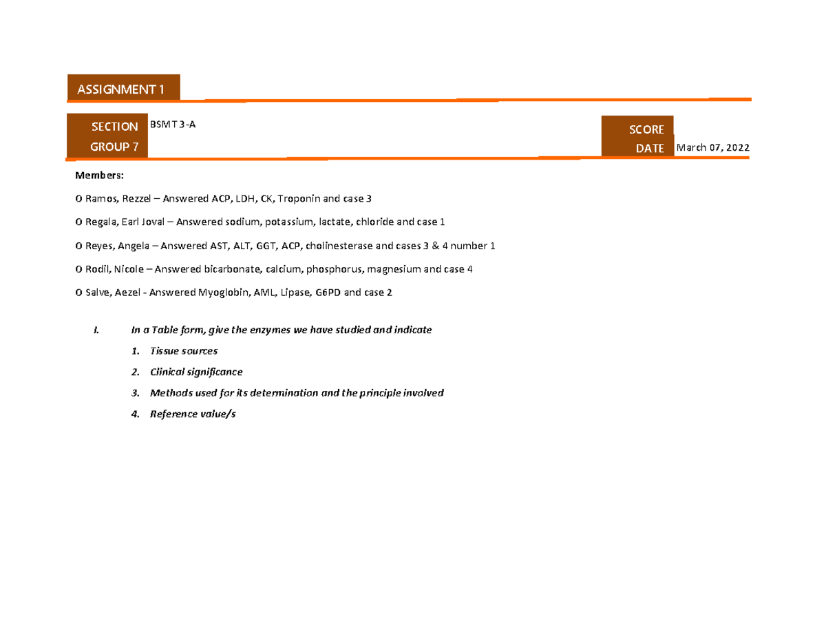 Assignment#1 3A ENZYMES AND ELECTROLYTES CC SUMMARY - BSMT 3-A BSMT 3-A ...