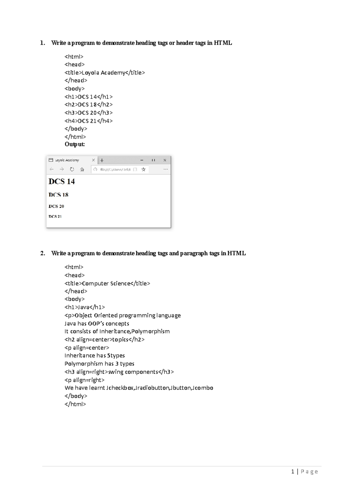 Wtech Record (1) - 1. Write a program to demonstrate heading tags or ...