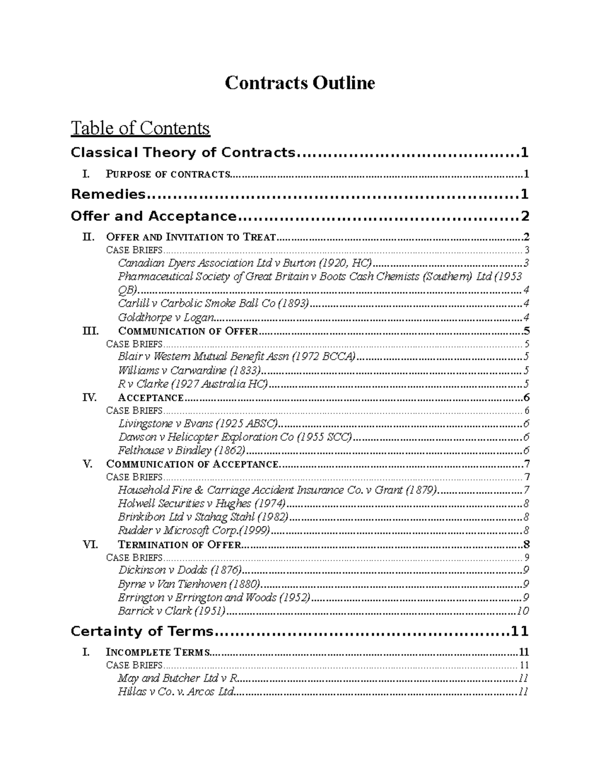 Contract law - prof lipton - 2017 - Contracts Outline Classical Theory ...