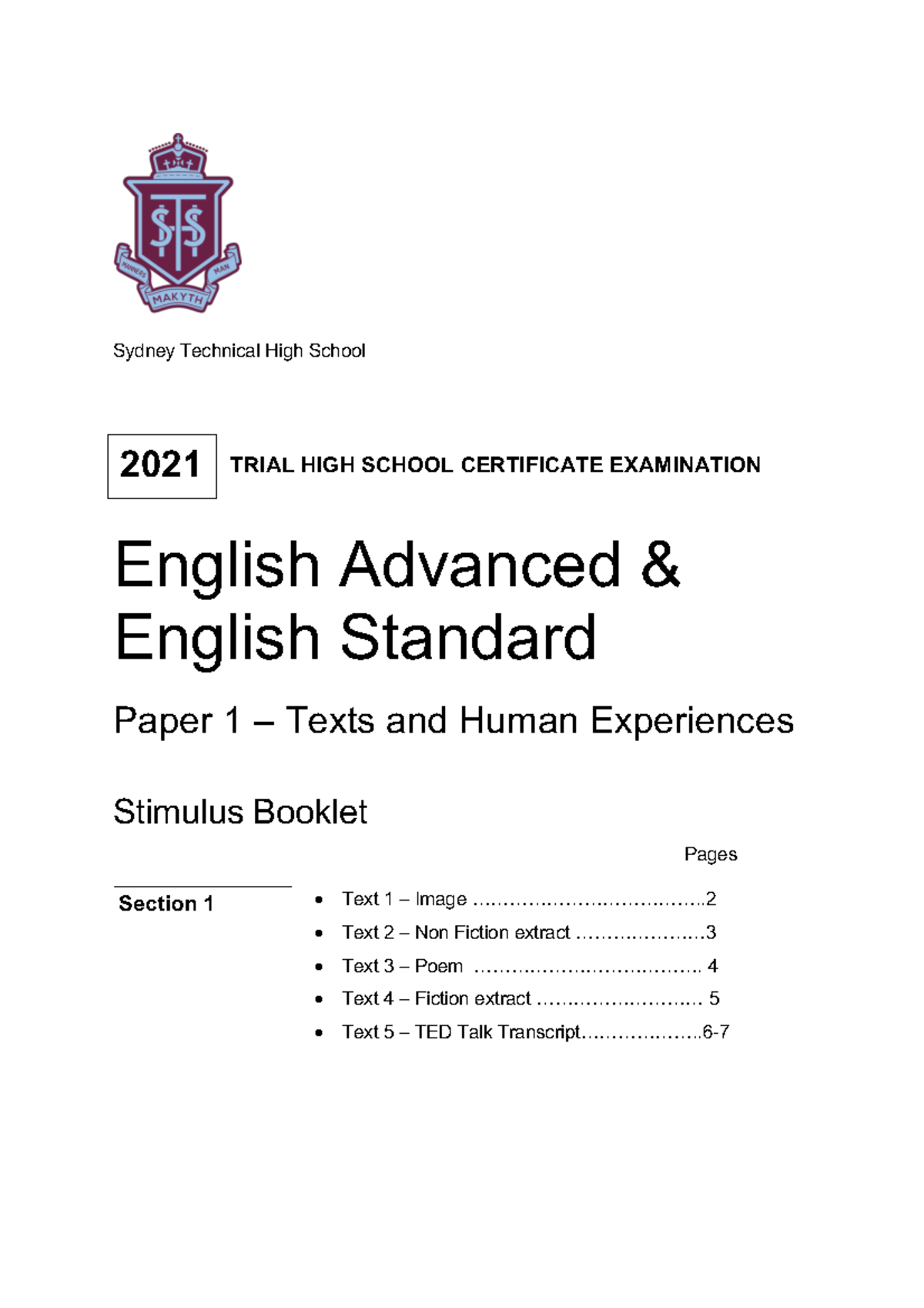 Sydney tech paper 1 stimulus - Sydney Technical High School TRIAL HIGH ...