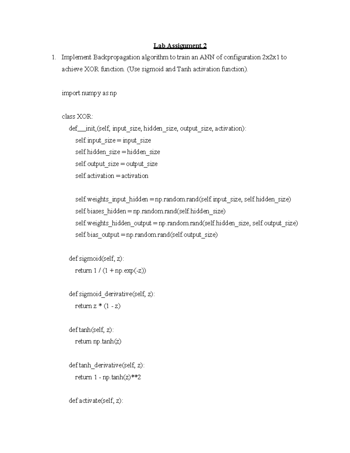 Lab Assignment 2 - Lab report NN - Lab Assignment 2 Implement Backpropagation algorithm to train ...