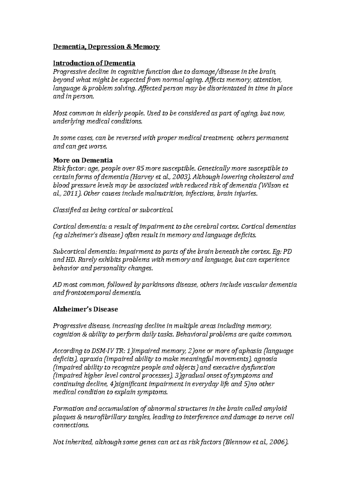 Dementia Lecture Notes - Dementia, Depression & Memory Introduction of ...