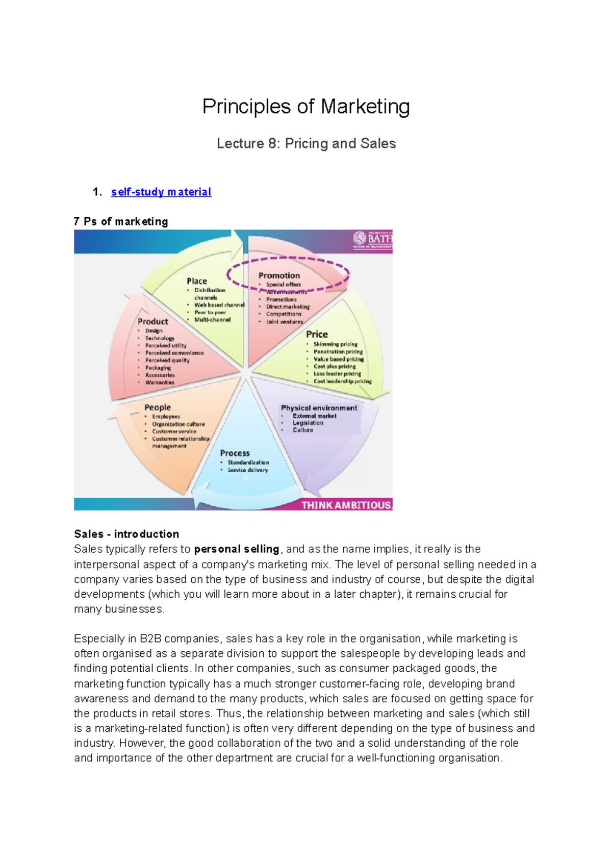 Lecture 8 Pricing and Sales - Principles of Marketing Lecture 8: Pricing and Sales 1. material 7 ...