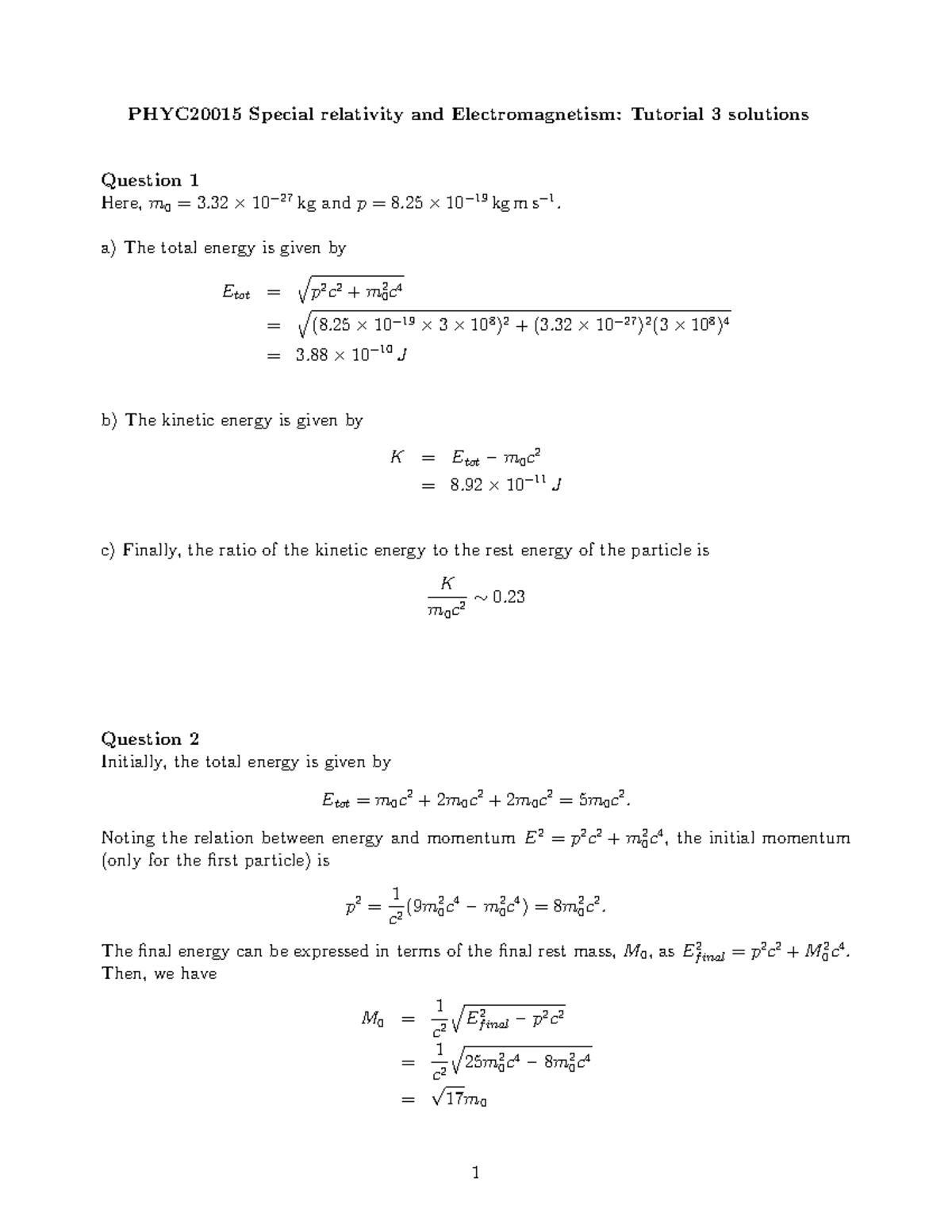Solutions: : Special Relativity Tutorial #3, Semester 2, 2021 ...