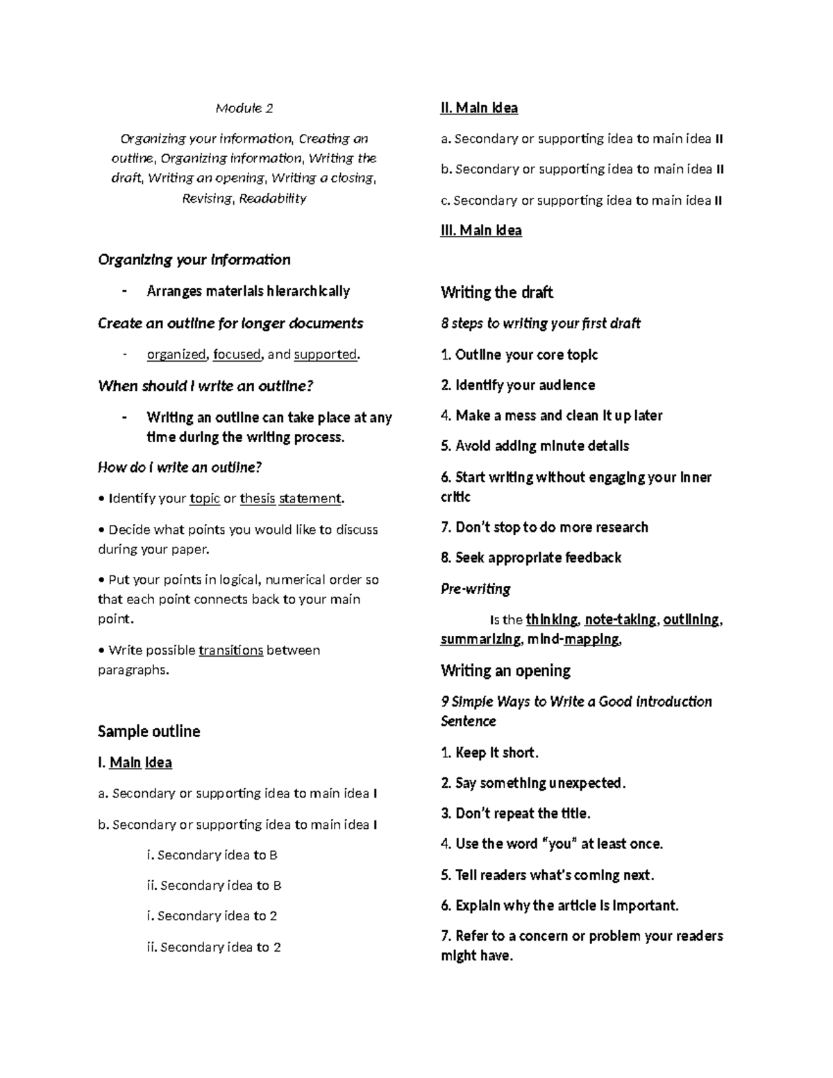 Module 2 - Module 2 Organizing your information, Creating an outline ...