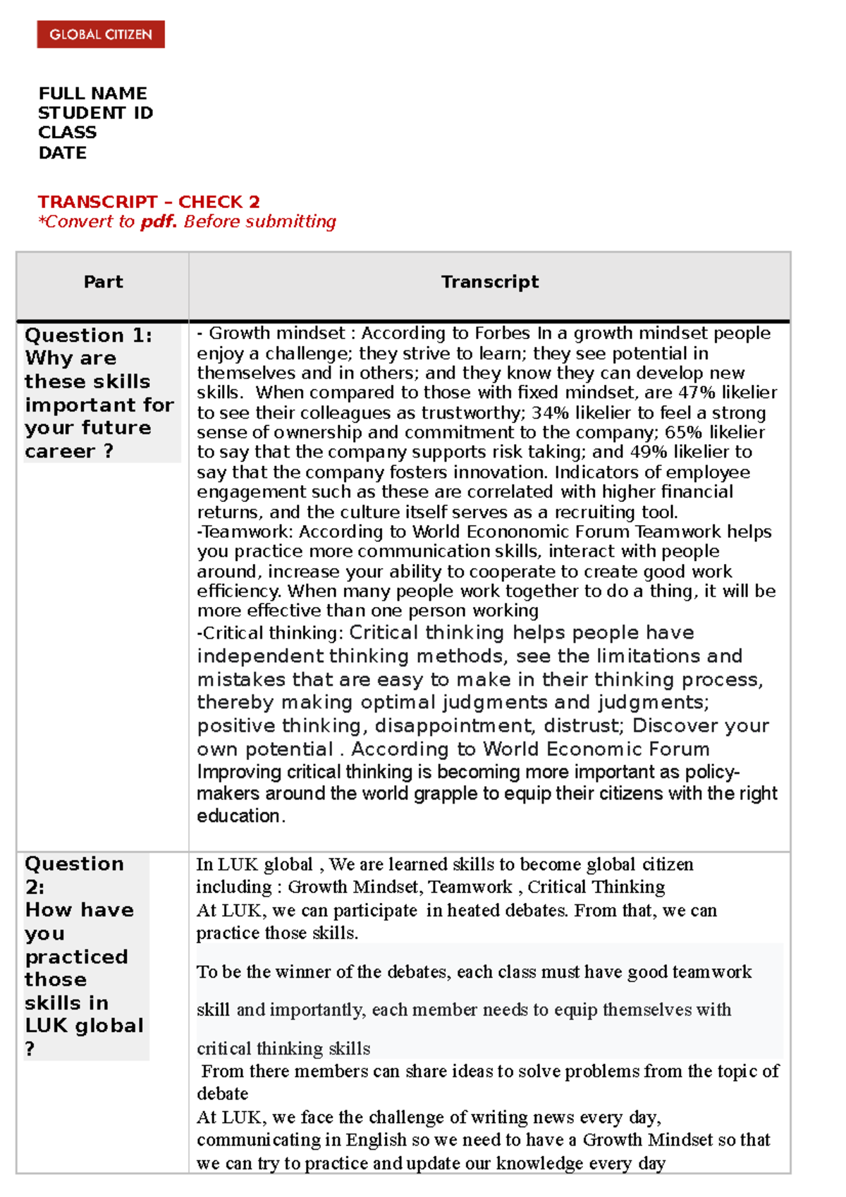 Check 2 Transcript - good :)) - FULL NAME STUDENT ID CLASS DATE ... Check 2 Transcript - good :)) - FULL NAME STUDENT ID CLASS DATE ...