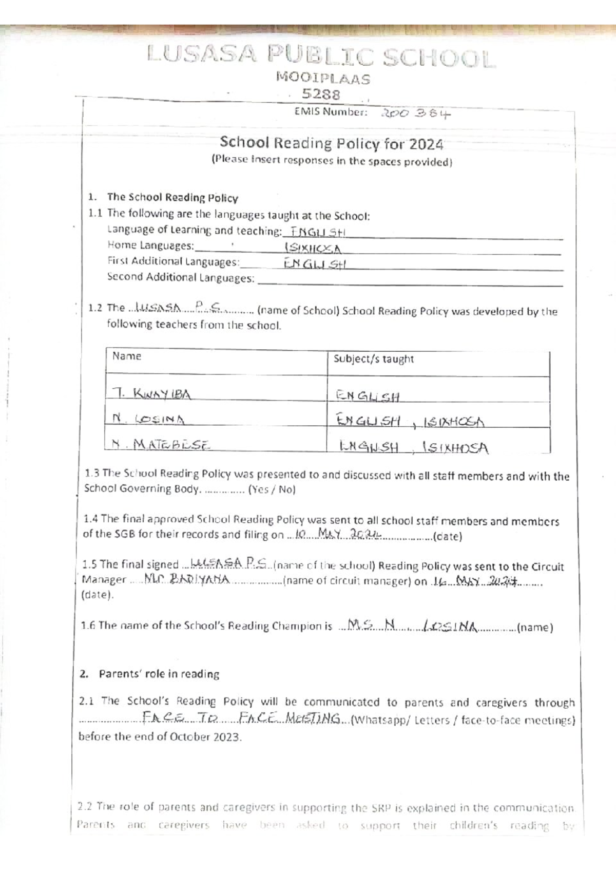 Reading policy - The School Reading Policy 1 The following are the ...