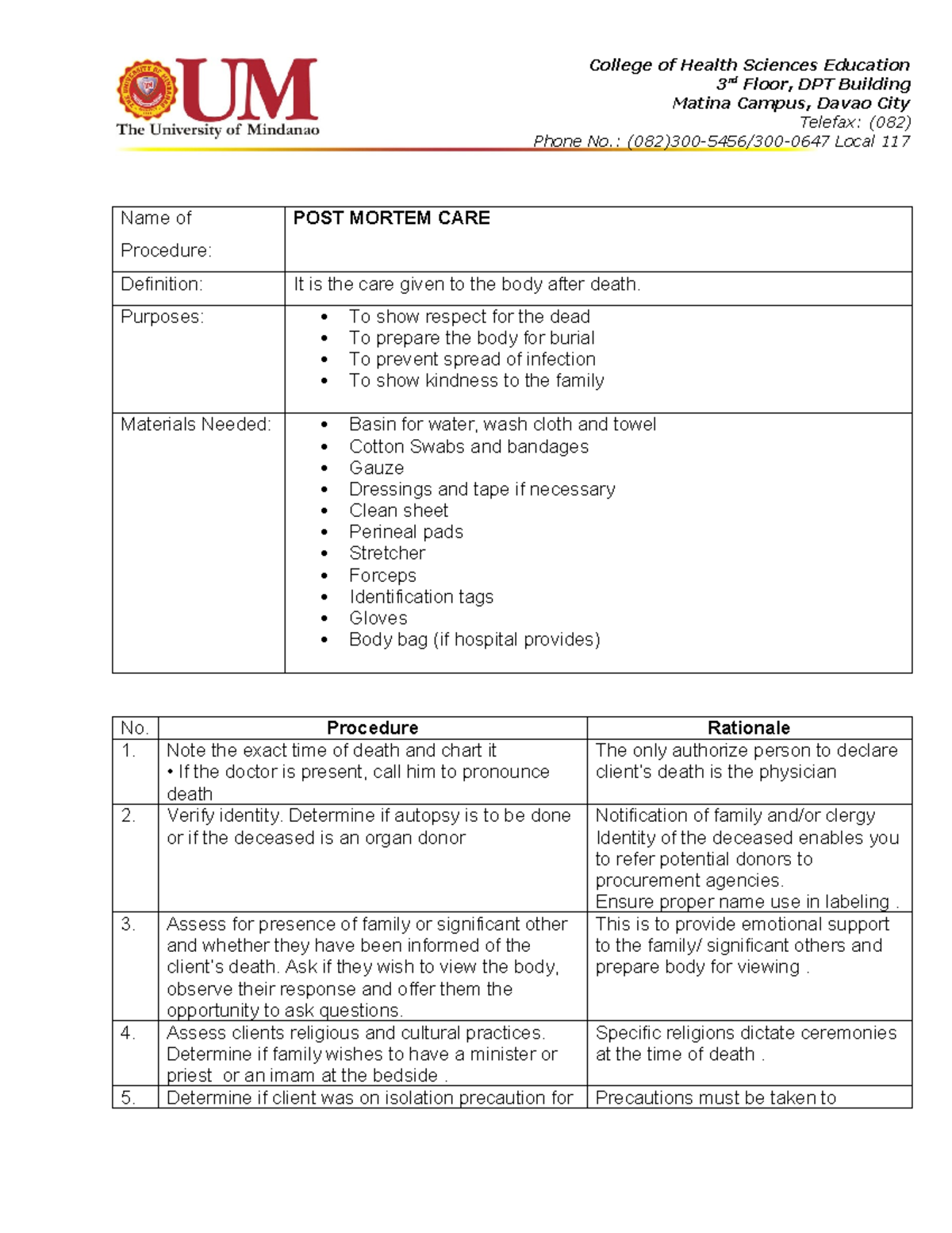 Post mortem care checklist - 3 rd Floor, DPT Building Matina Campus ...