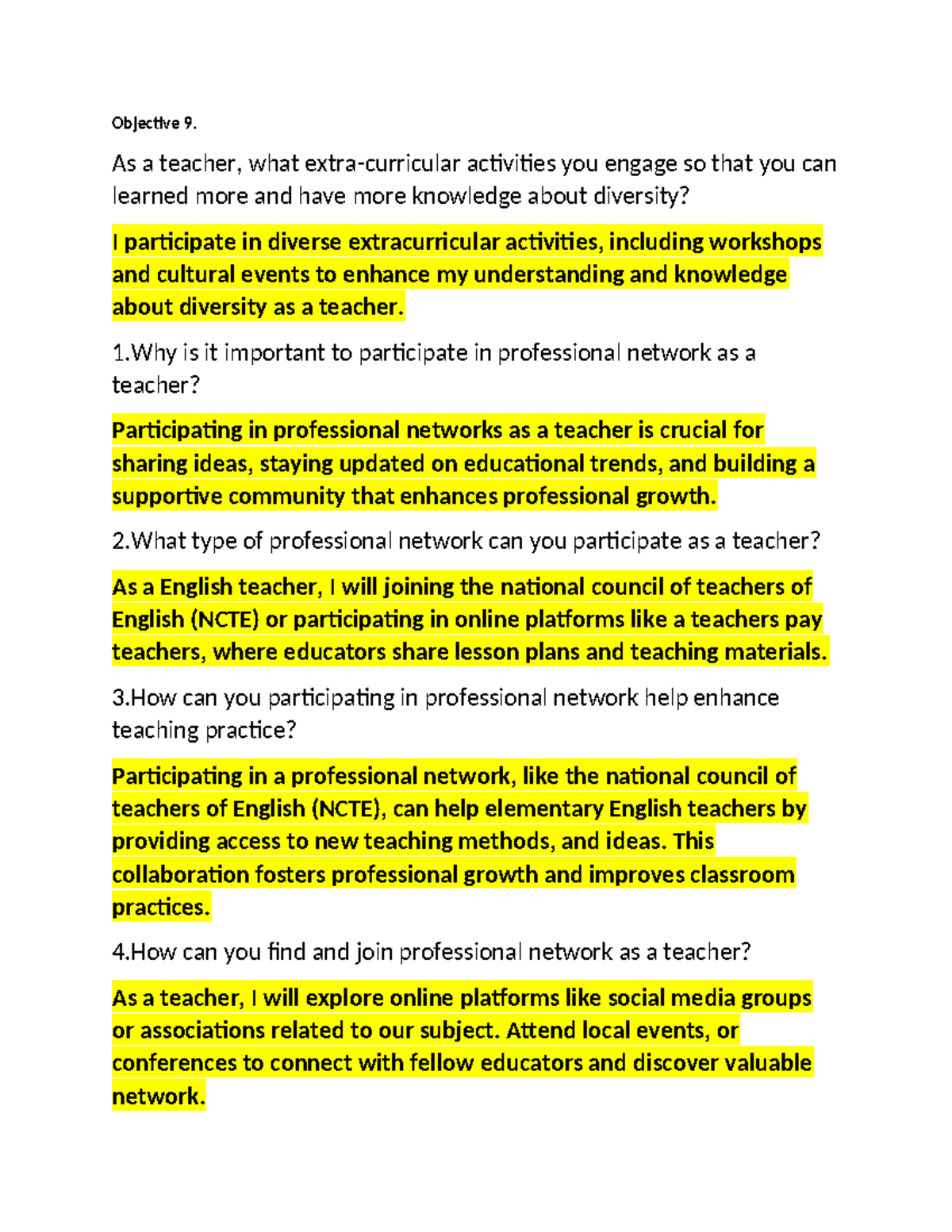 Reviewer - Objective 9. As a teacher, what extra-curricular activities ...