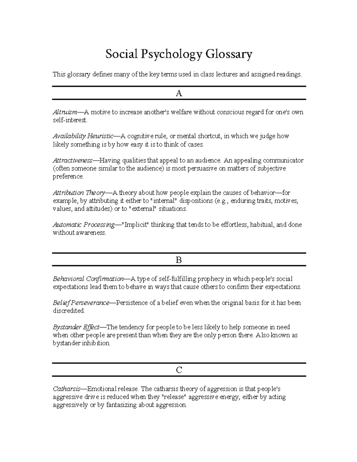 Glossary - Summary Social Psychology - Social Psychology Glossary This ...