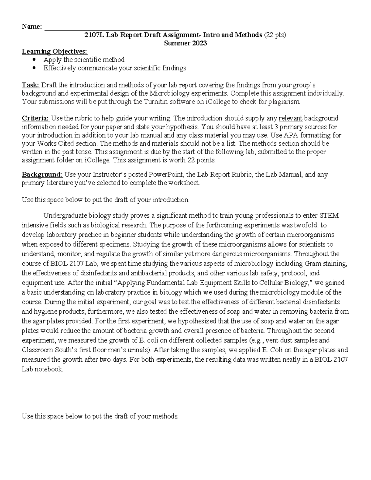 2107 Draft Lab Report Intro & Methods Assignment Summer 2023 - Name: - Studocu