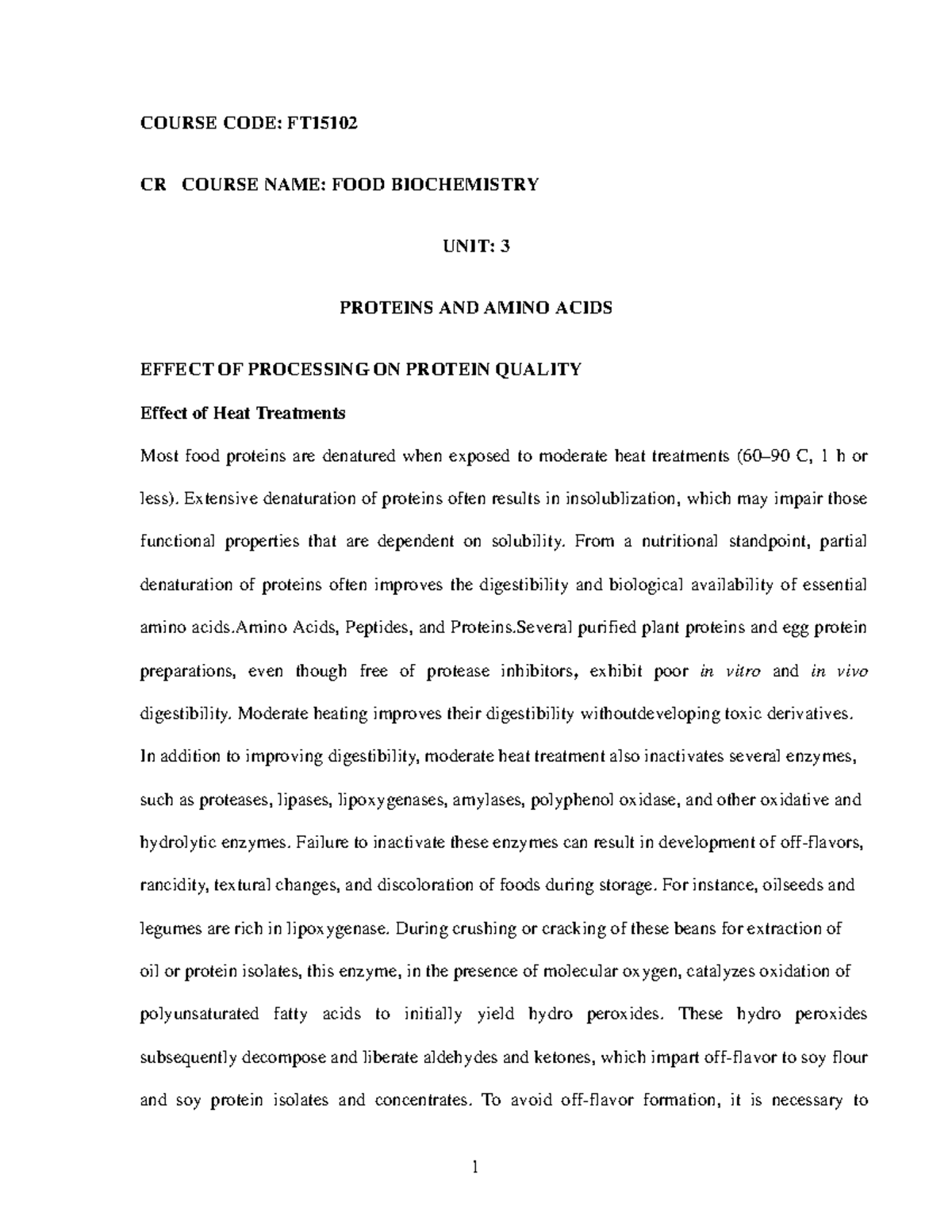 Effect OF Processing ON Protein Quality - COURSE CODE: FT CR COURSE ...