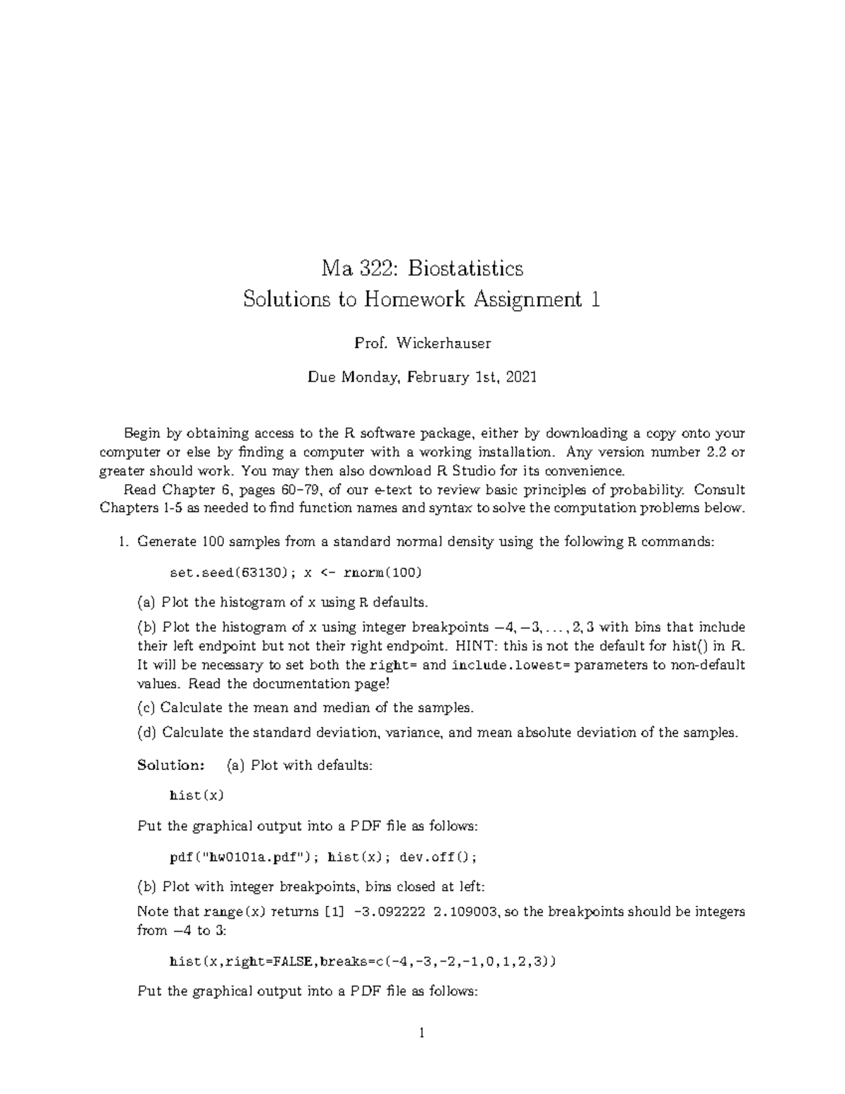 Hw01 Solutions Spring 2021 - Ma 322: Biostatistics Solutions to ...