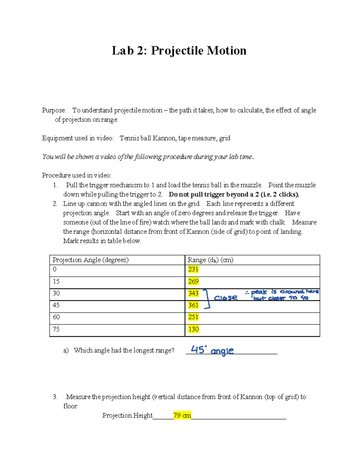 Lab 2 Projectile Motion - /DE 3URMHFWLOH 0RWLRQ Name ...