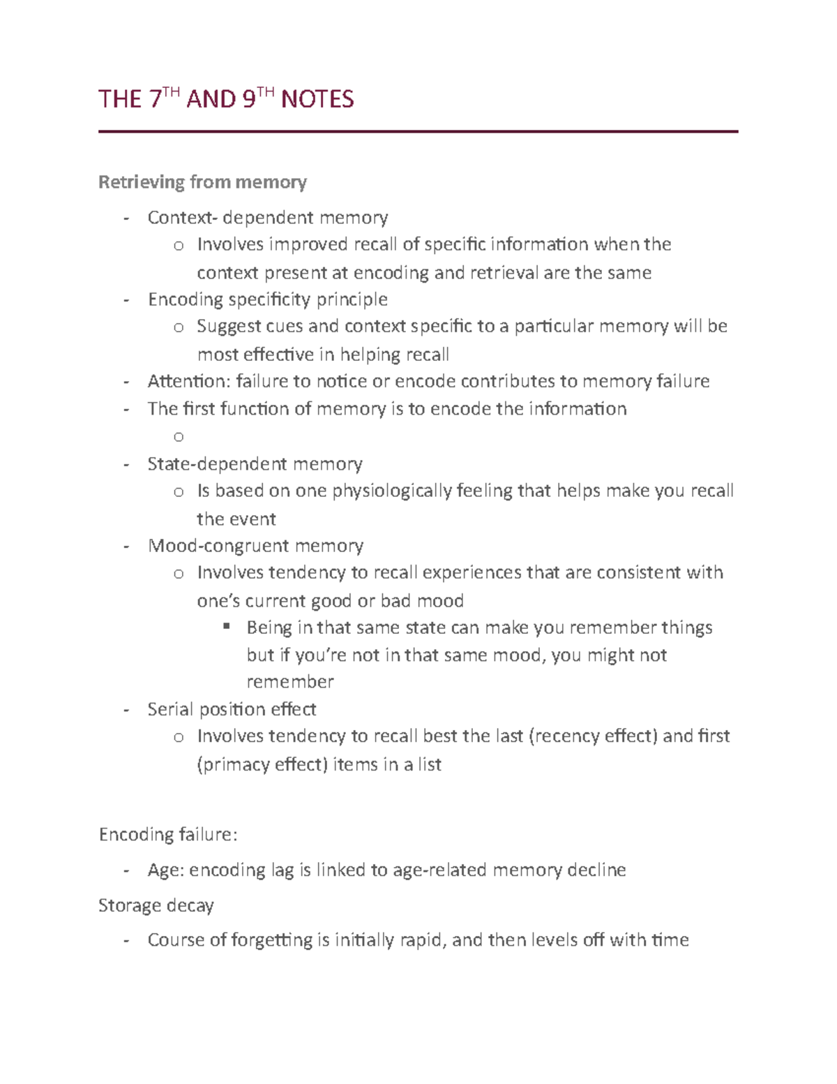 Psych 7th no - notes for lecture retrieving memory, everything with ...