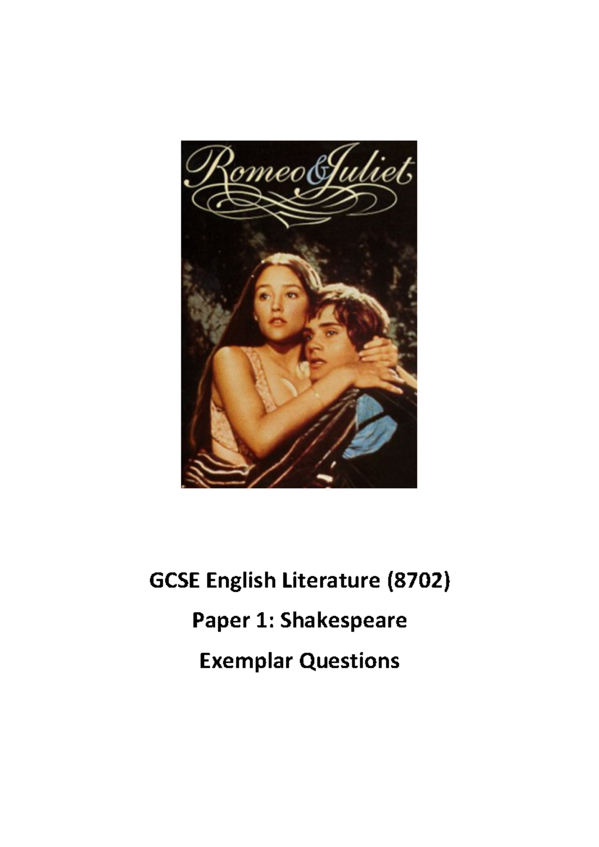 Romeo and Juliet Extract Questions Booklet - GCSE English Literature ...
