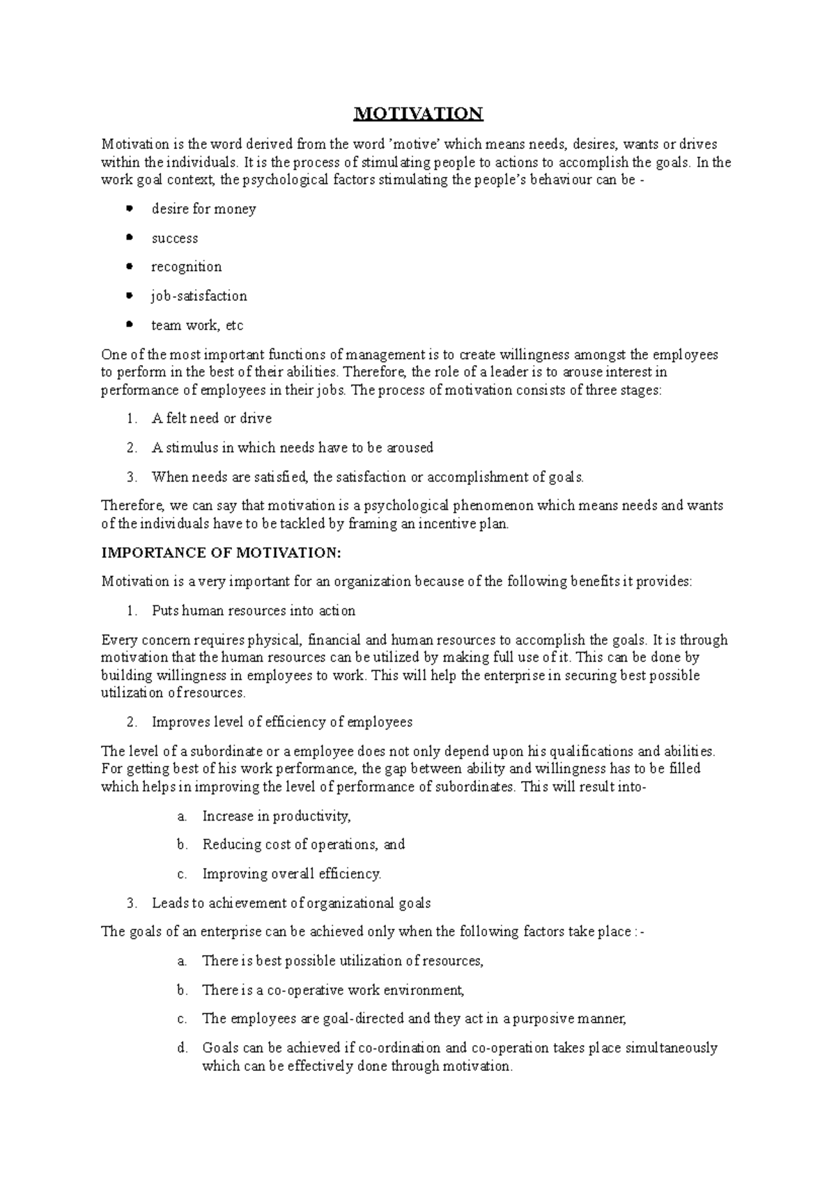 Unit-3 Motivation - Lecture notes 1 - MOTIVATION Motivation is the word ...