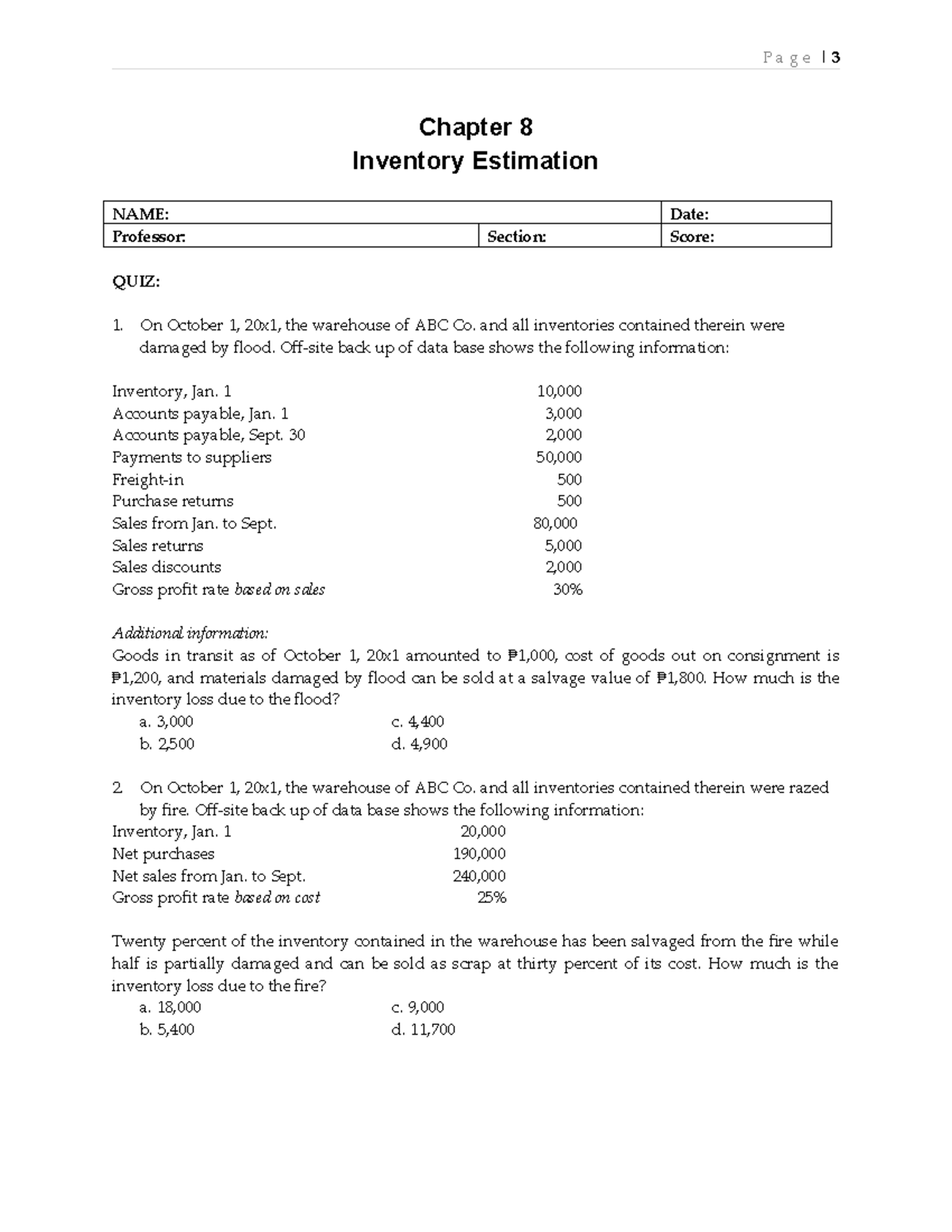 Inventory Estimation - Chapter 8 Inventory Estimation NAME: Date ...