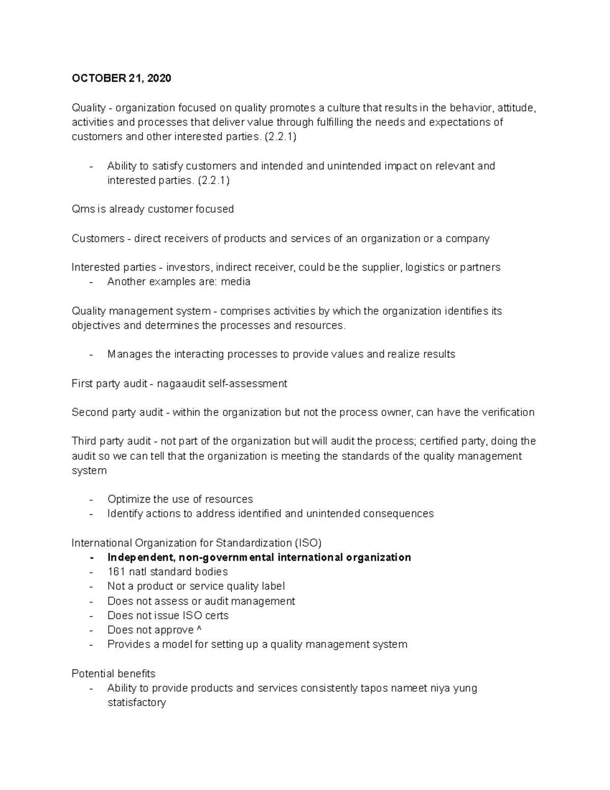 Qms-notes - QMS notes - OCTOBER 21, 2020 Quality - organization focused ...