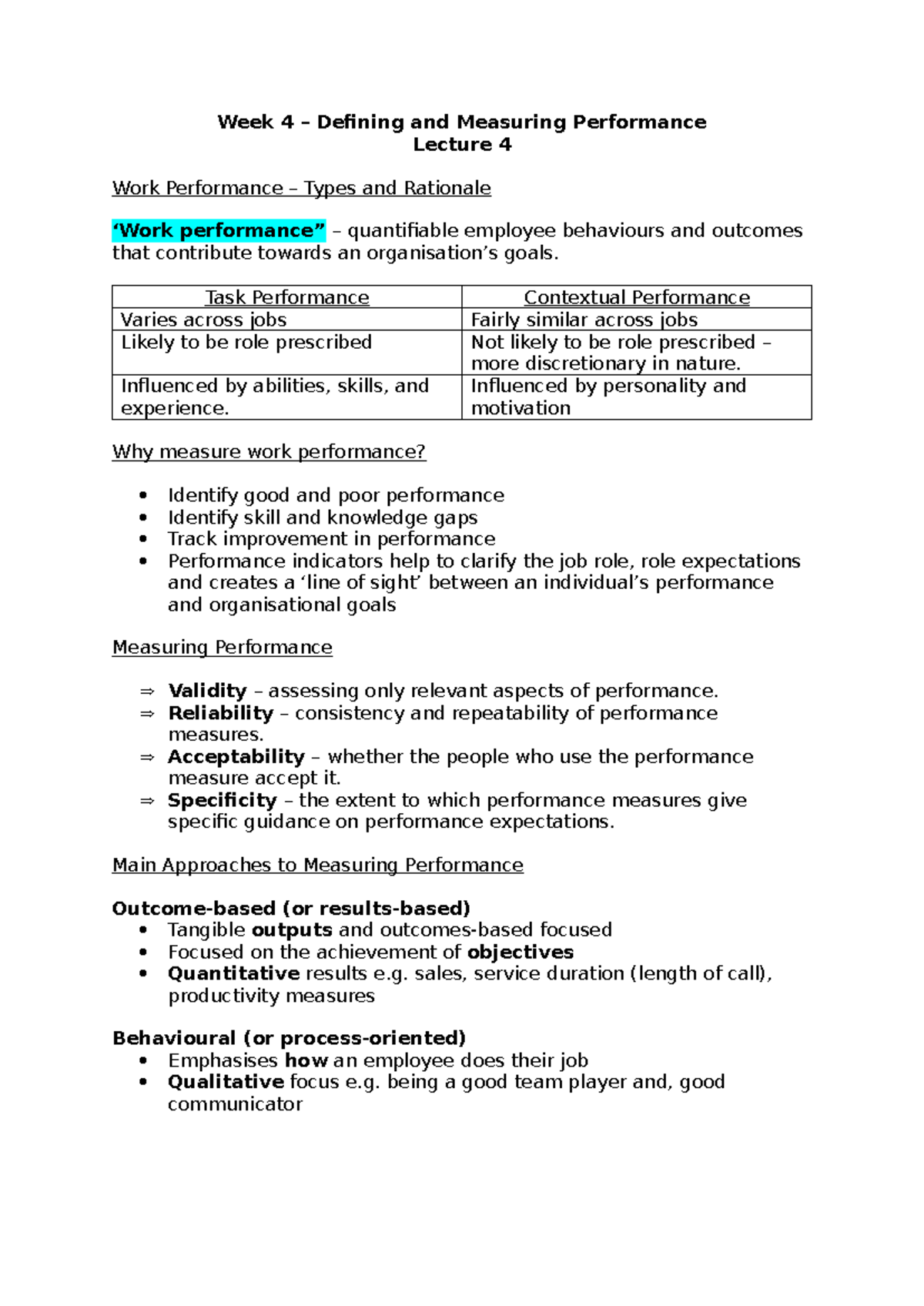 Lecture 4 - Defining and Measuring Performance - Week 4 – Defining and ...