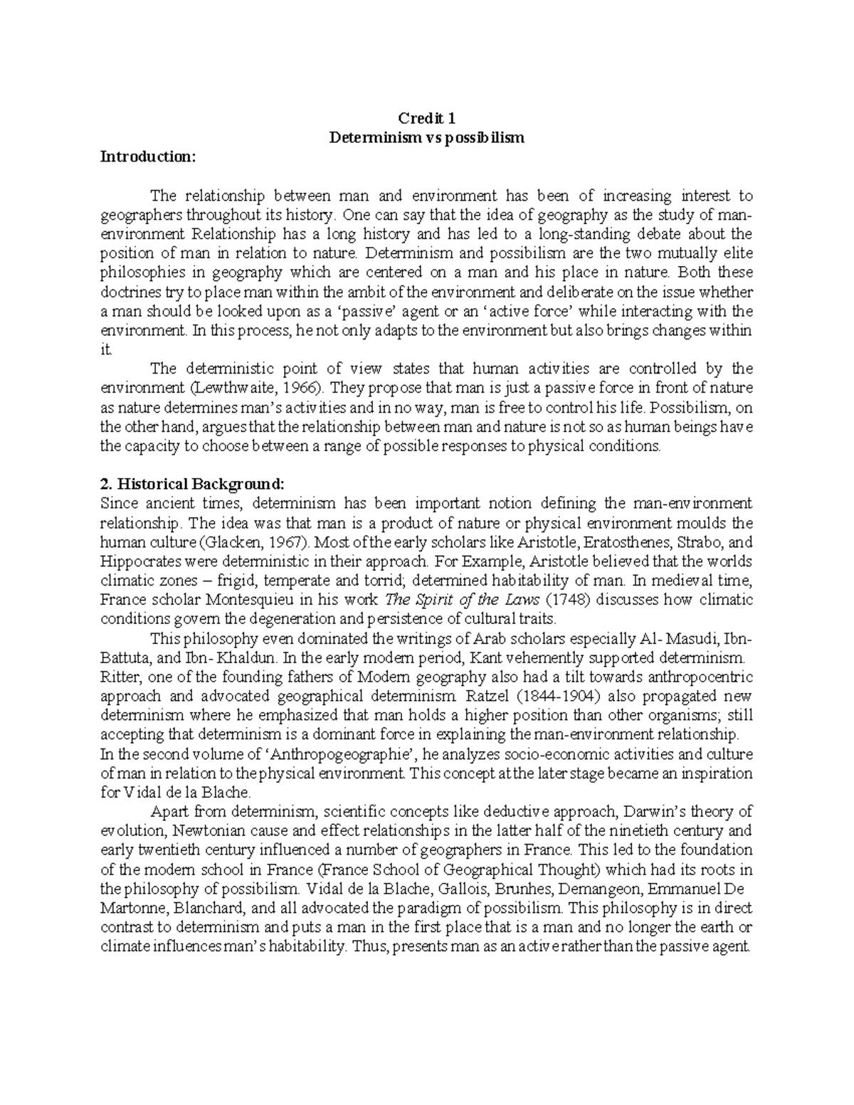 Geo3rd Sem - Determinism vs possibilism Introduction - Credit 1 ...