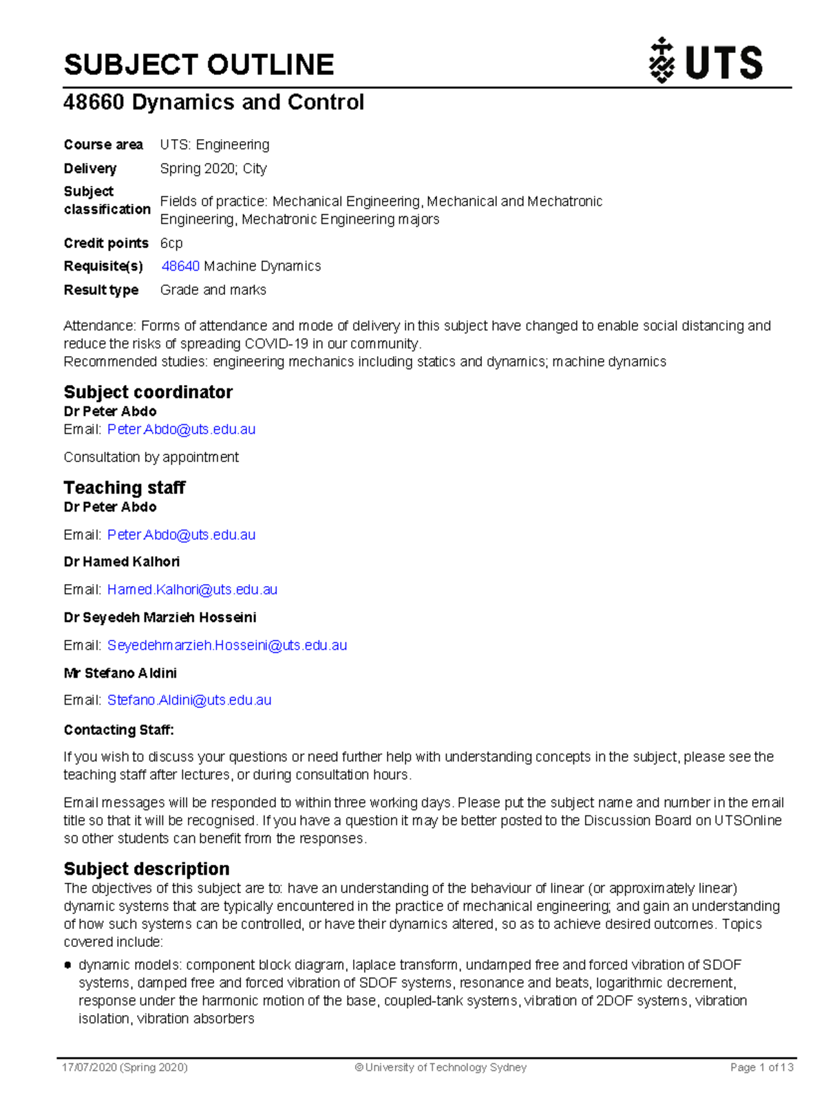 Dynamics and control subject outtline - SUBJECT OUTLINE 48660 Dynamics ...