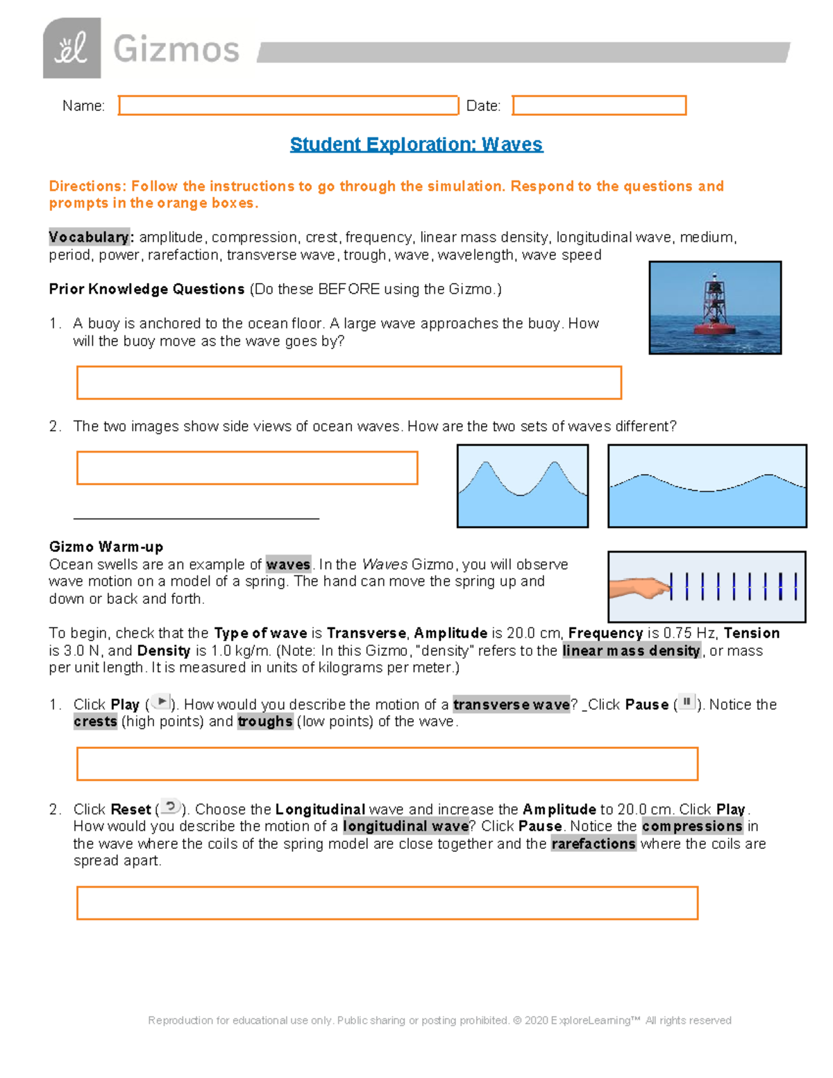 Wavessssssssssssss - Name: Date: Student Exploration: Waves Directions ...