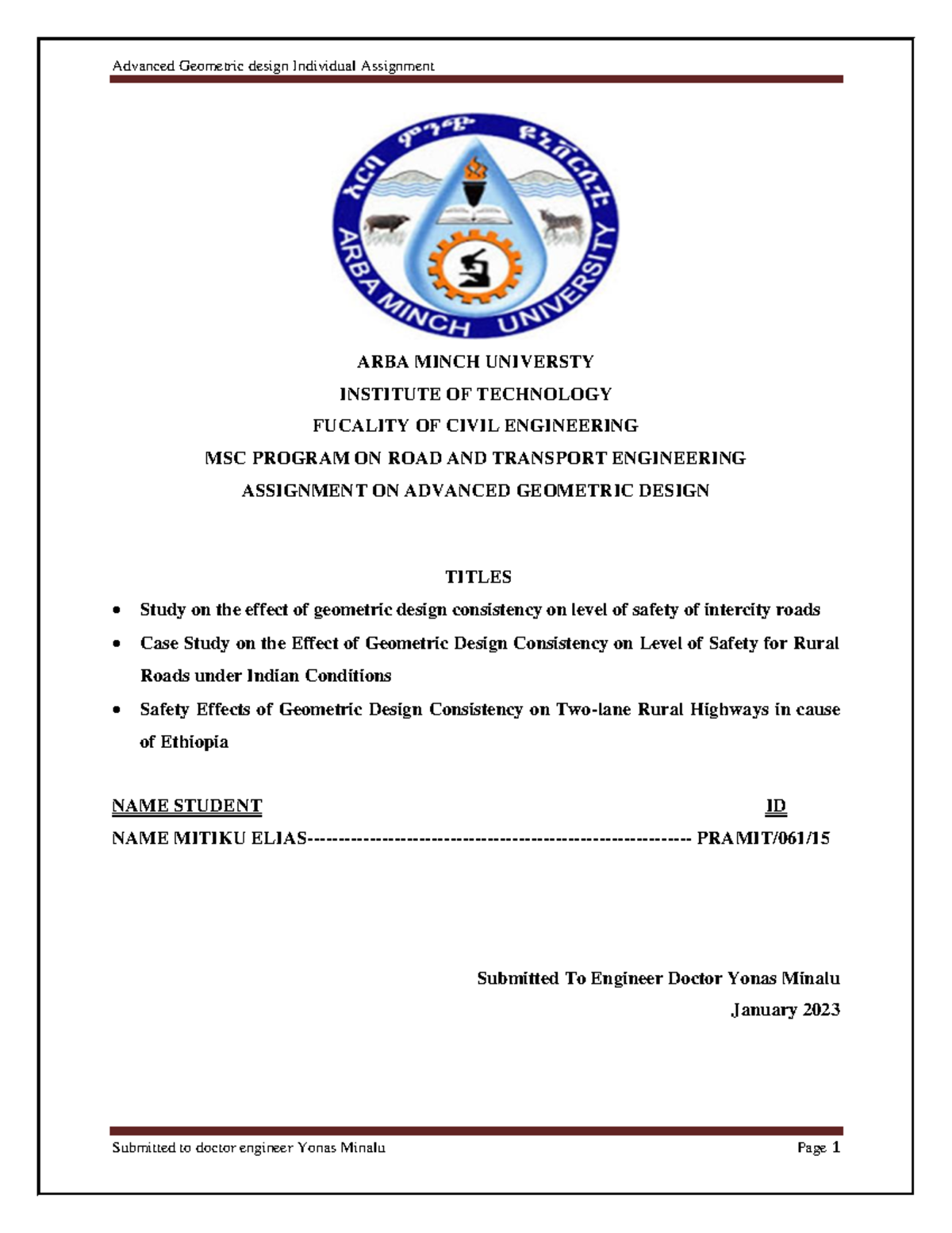 Advanced geometric design assignment finalized - ARBA MINCH UNIVERSTY ...