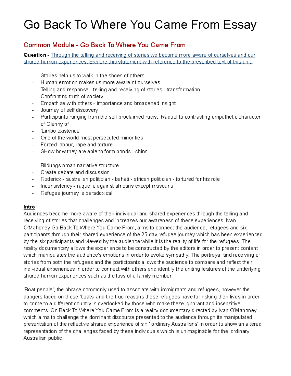 Go Back To Where You Came From Essay - Studocu