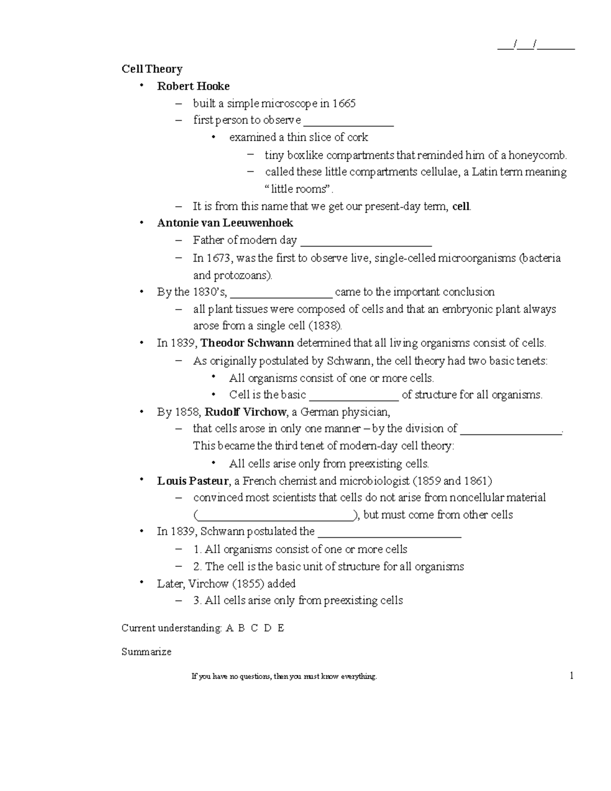 Chapter 4 - Cell Notes - note outline - Cell Theory - Robert Hooke ...