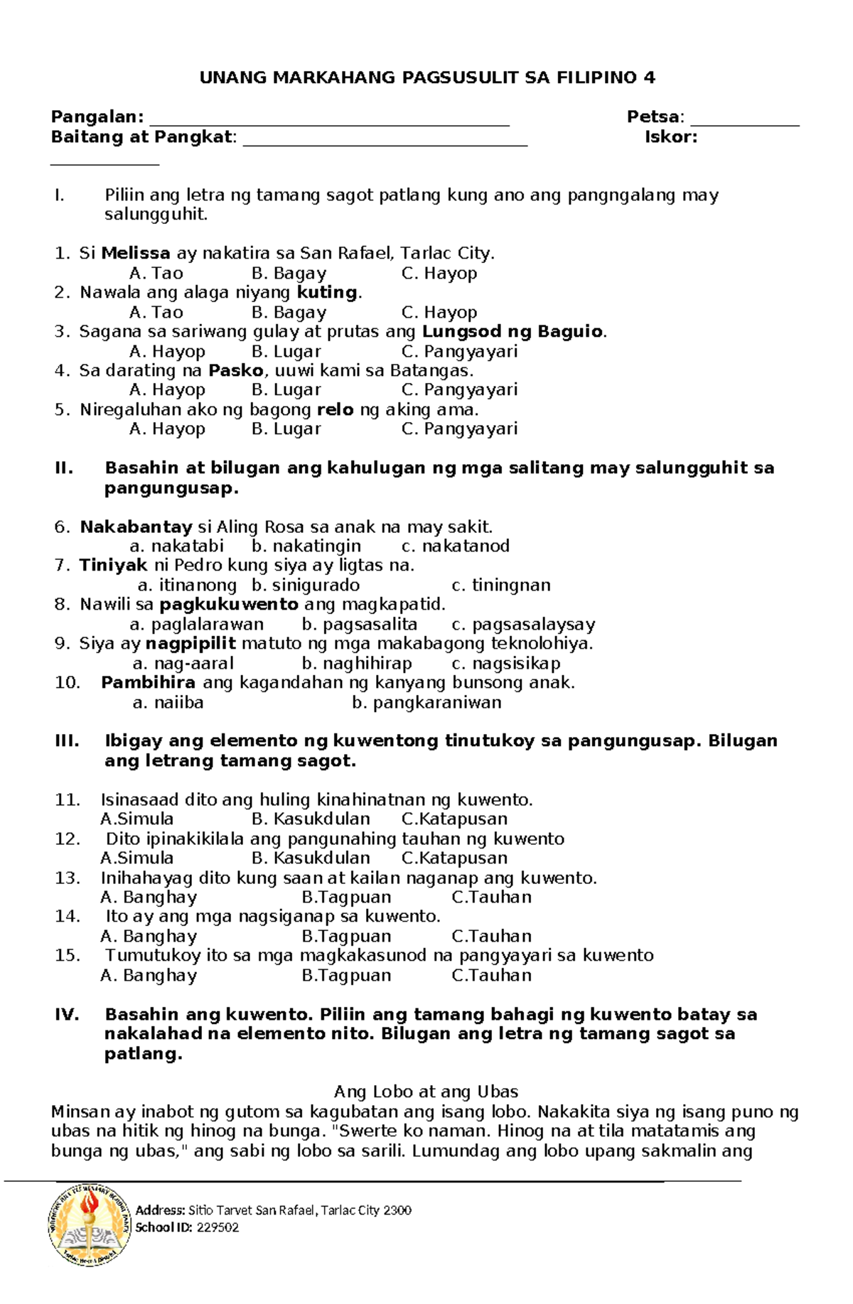Filipino 4 - Summary BS Education - UNANG MARKAHANG PAGSUSULIT SA ...