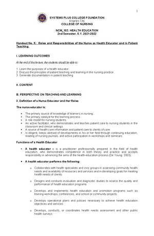 Health Educ Handout 9 - SYSTEMS PLUS COLLEGE FOUNDATION Angeles City ...