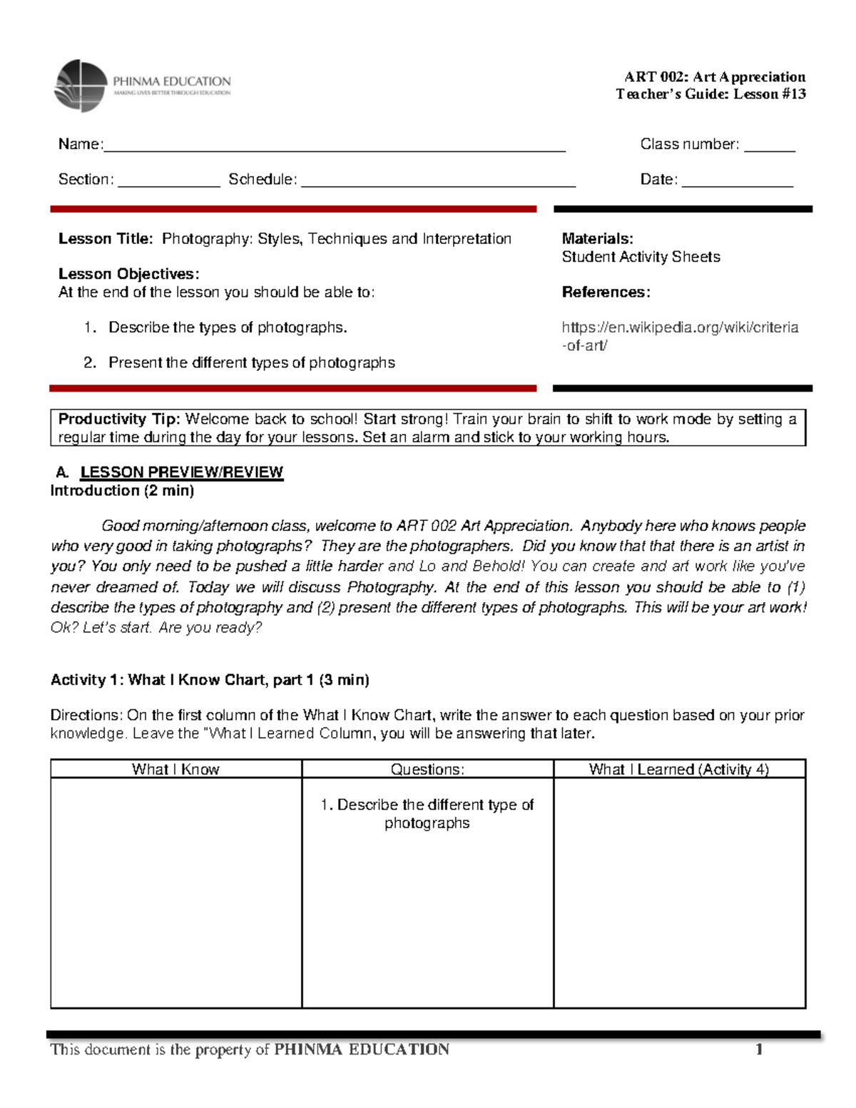 ART 002 MODULE 13 - Teacher’s Guide: Lesson # - Studocu