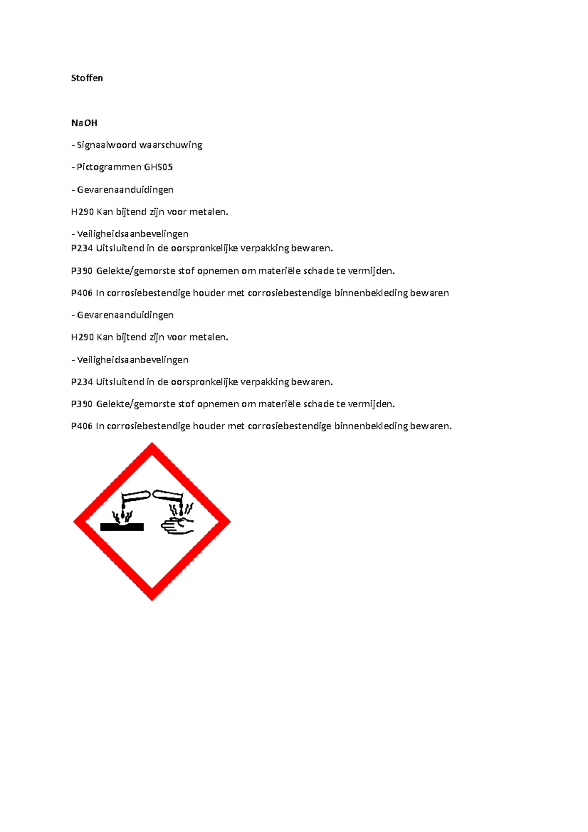Voorbereiding practicum chemie 3 - Stoffen NaOH Signaalwoord ...