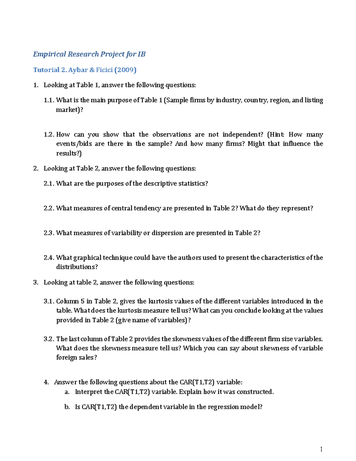 Tutorial 2 questions Empirical Research Project for IB - RUG - Studeersnel