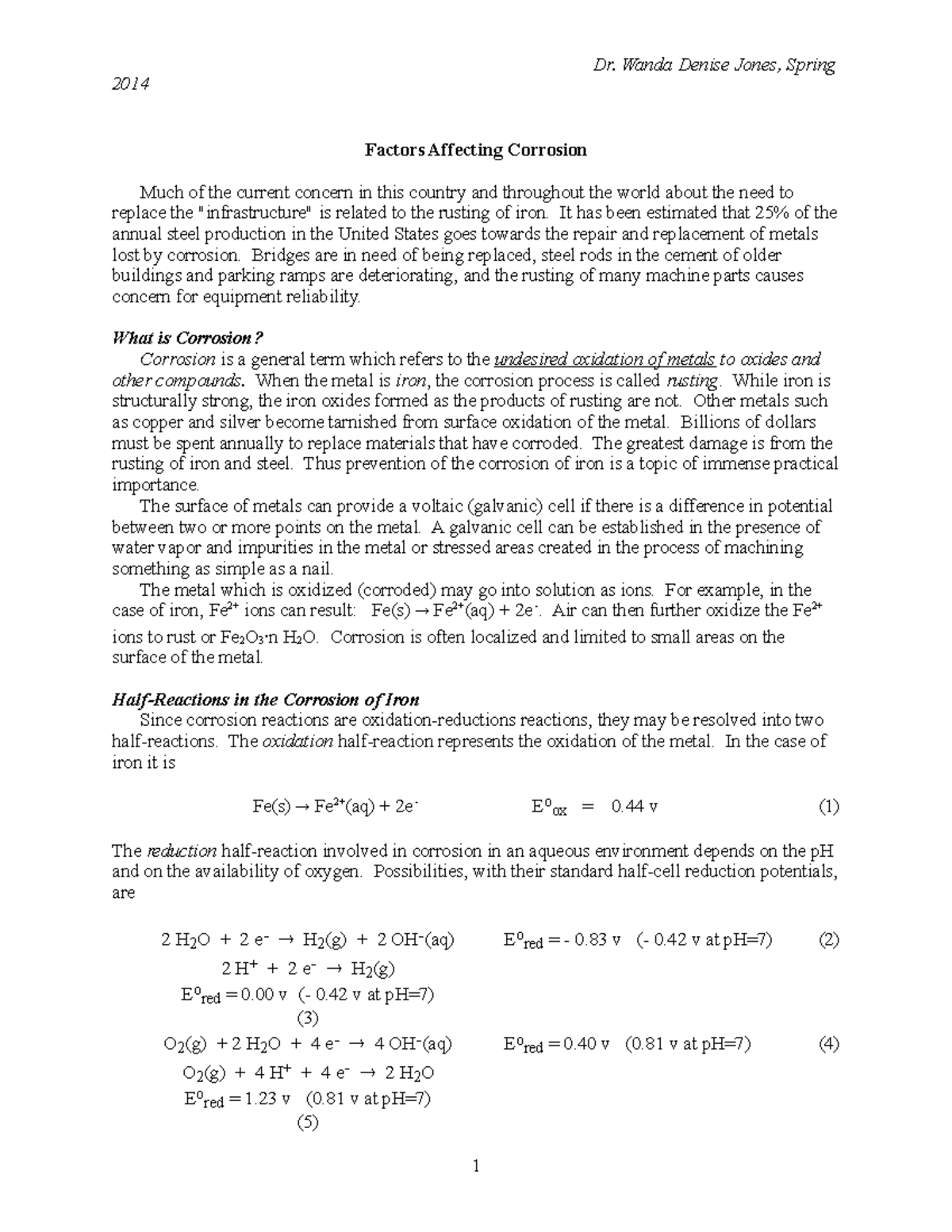 Corrosion - worksheets for general chemistry class. - Dr. Wanda Denise ...