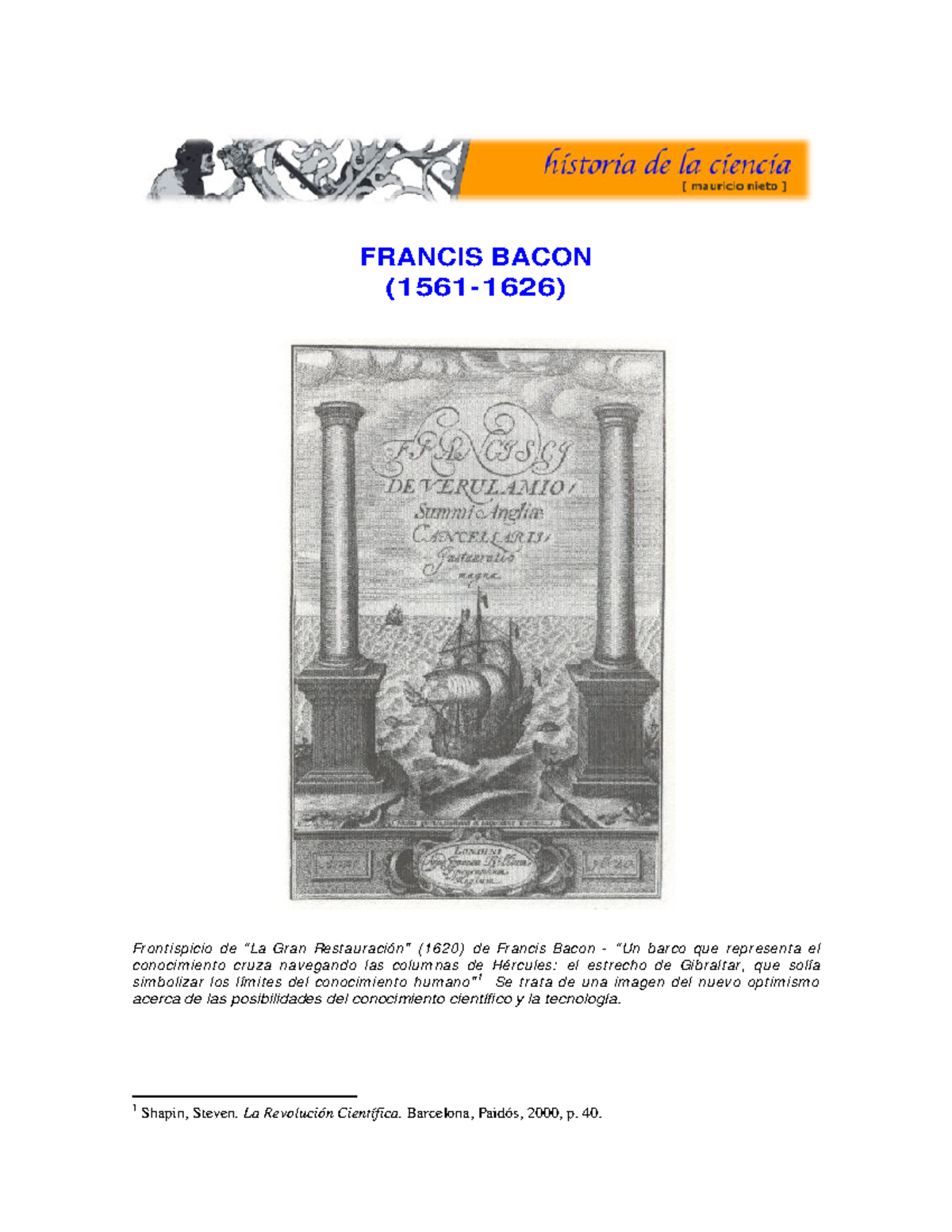 Francisbacon - Filosofía 011 - FRANCIS BACON (1561- 1626) Front ispicio ...