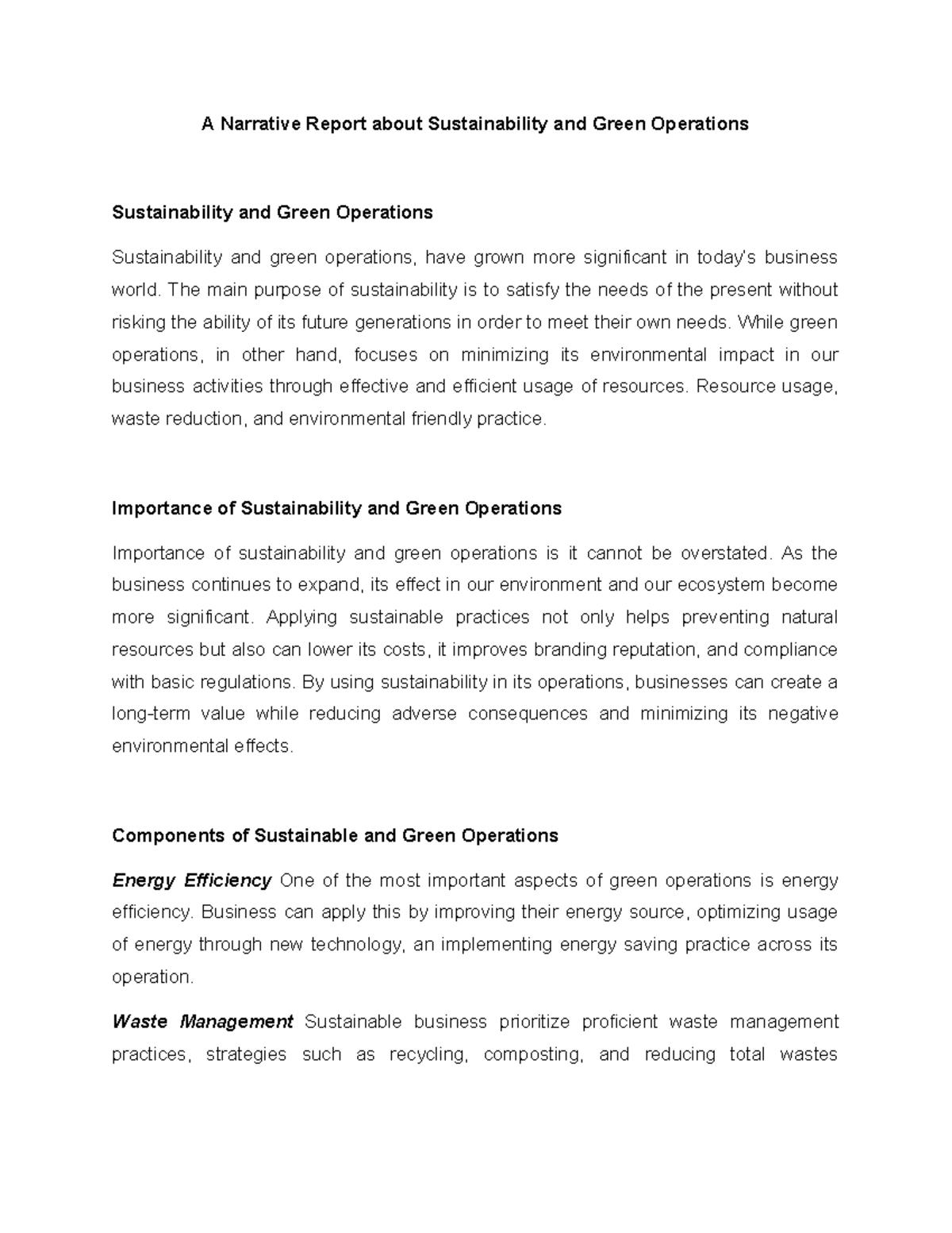 Sustainability And Green Operations - A Narrative Report about ...