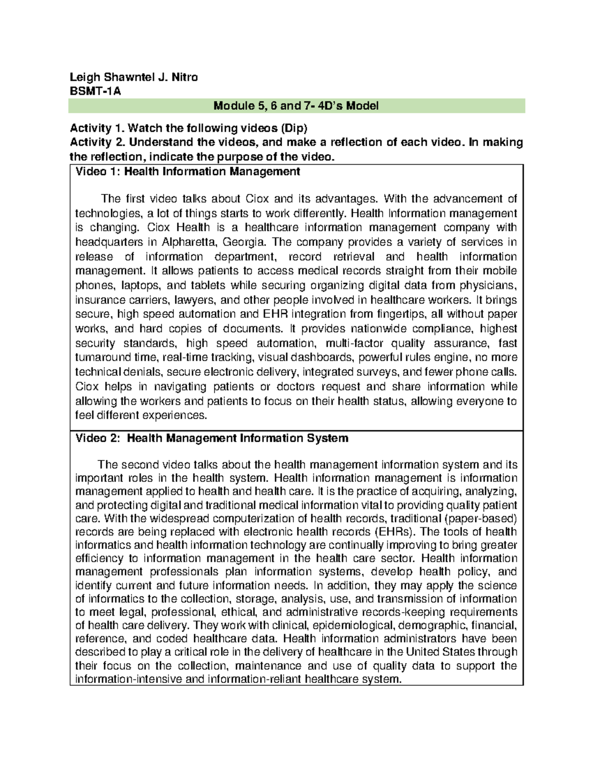 Module 5, 6, and 7 Answersheet- 4D's Model (HEALTH INFORMATION SYSTEM ...