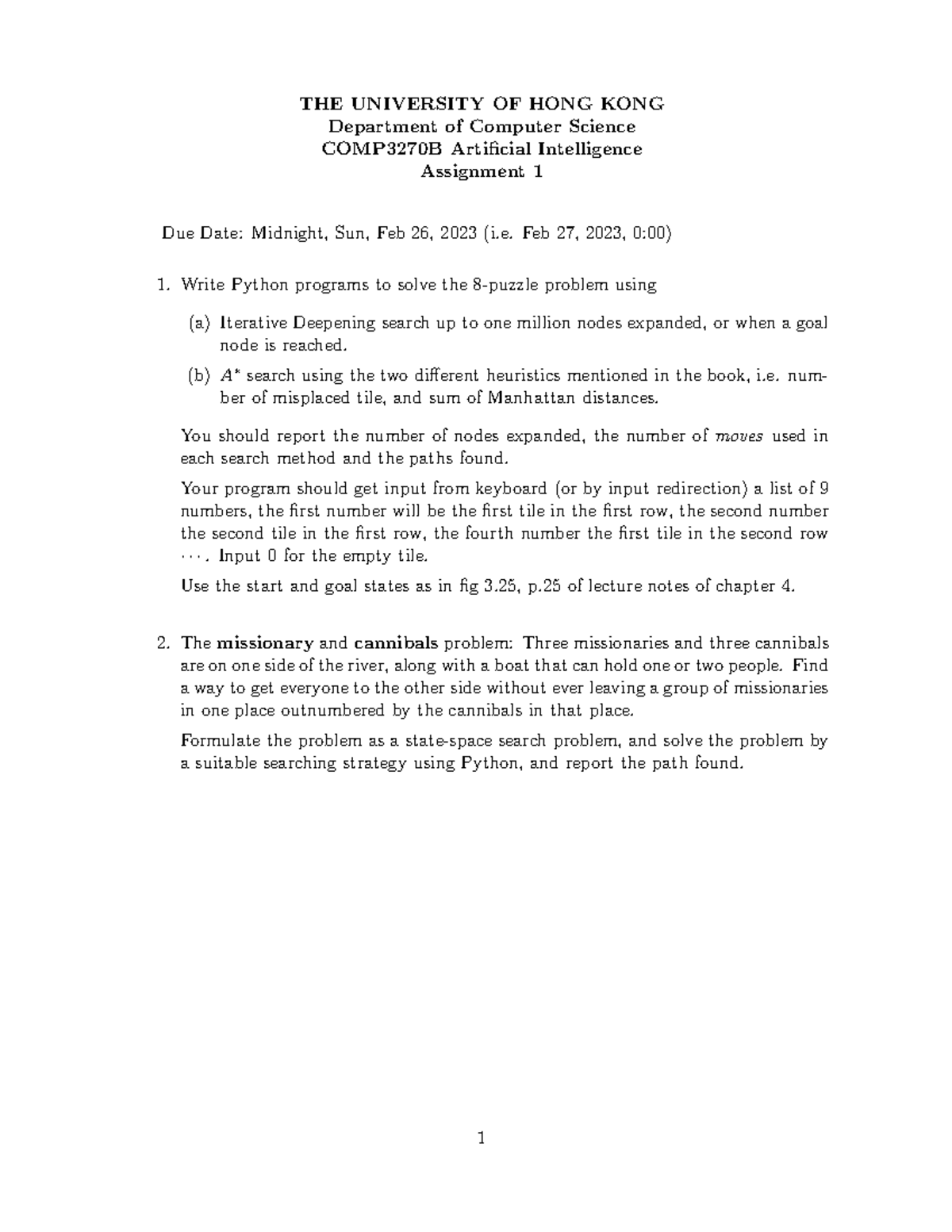 Assignment 1-2 - THE UNIVERSITY OF HONG KONG Department of Computer Science COMP3270B Artificial ...
