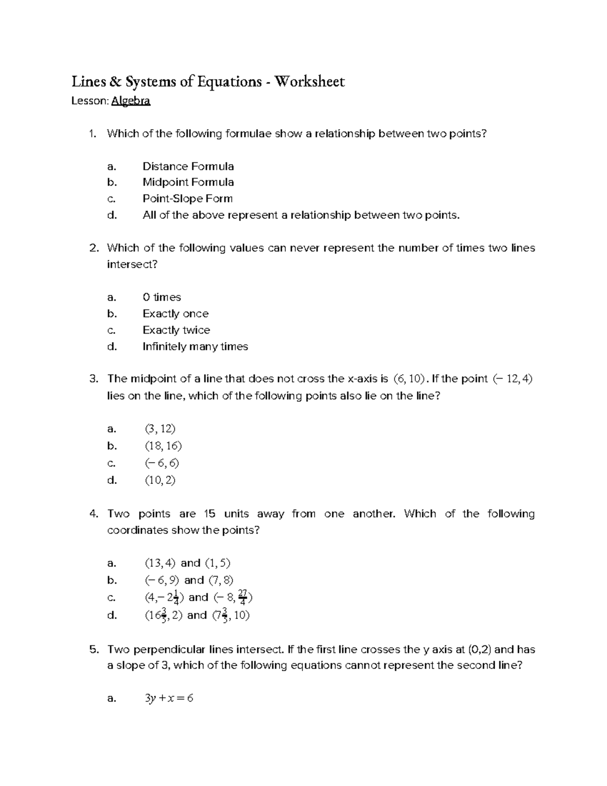 Algebra - Lines & Systems of Equations Worksheet - Liǿes & SysteǾs of ...