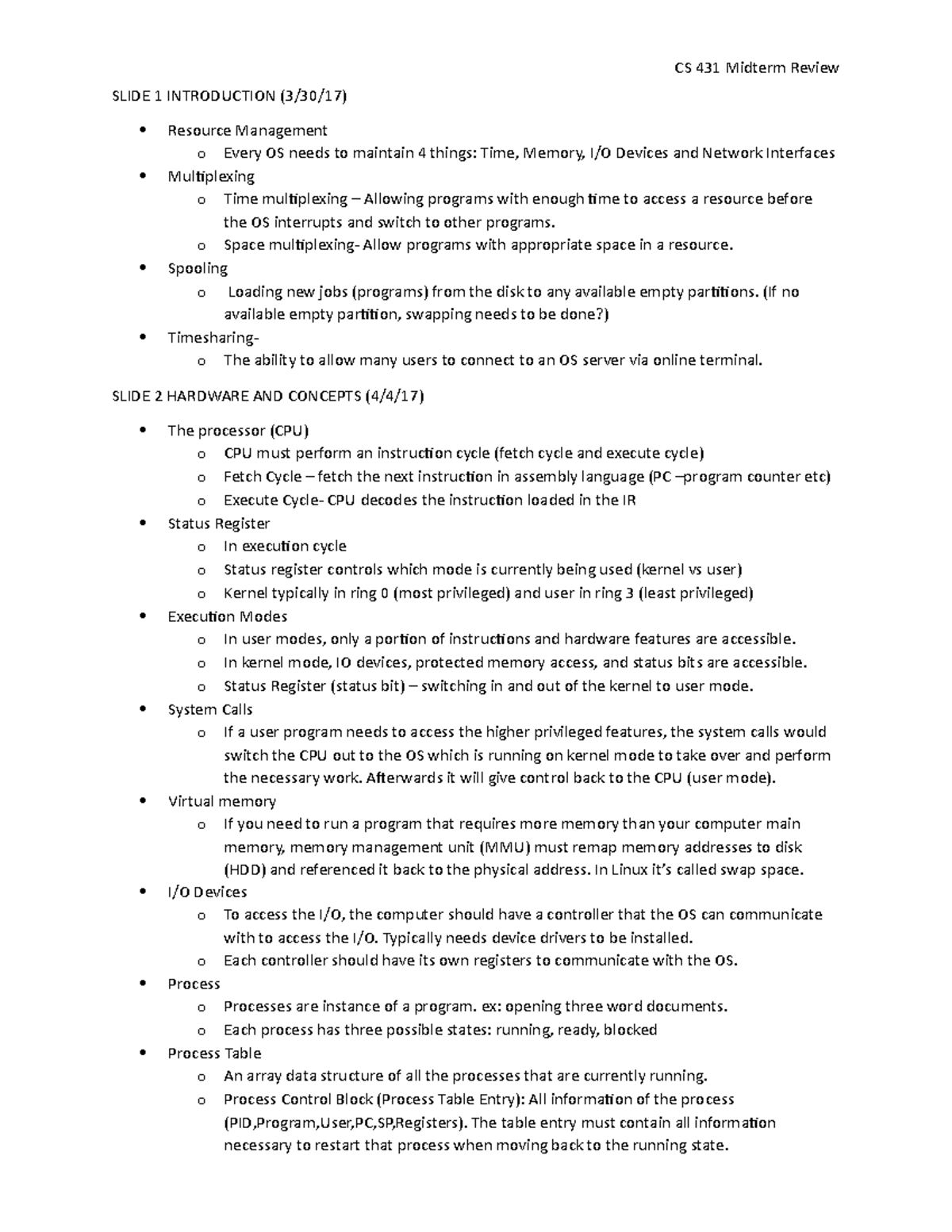 Midterm Review - CS 431 Midterm Review SLIDE 1 INTRODUCTION (3/30/17) Resource Management o ...