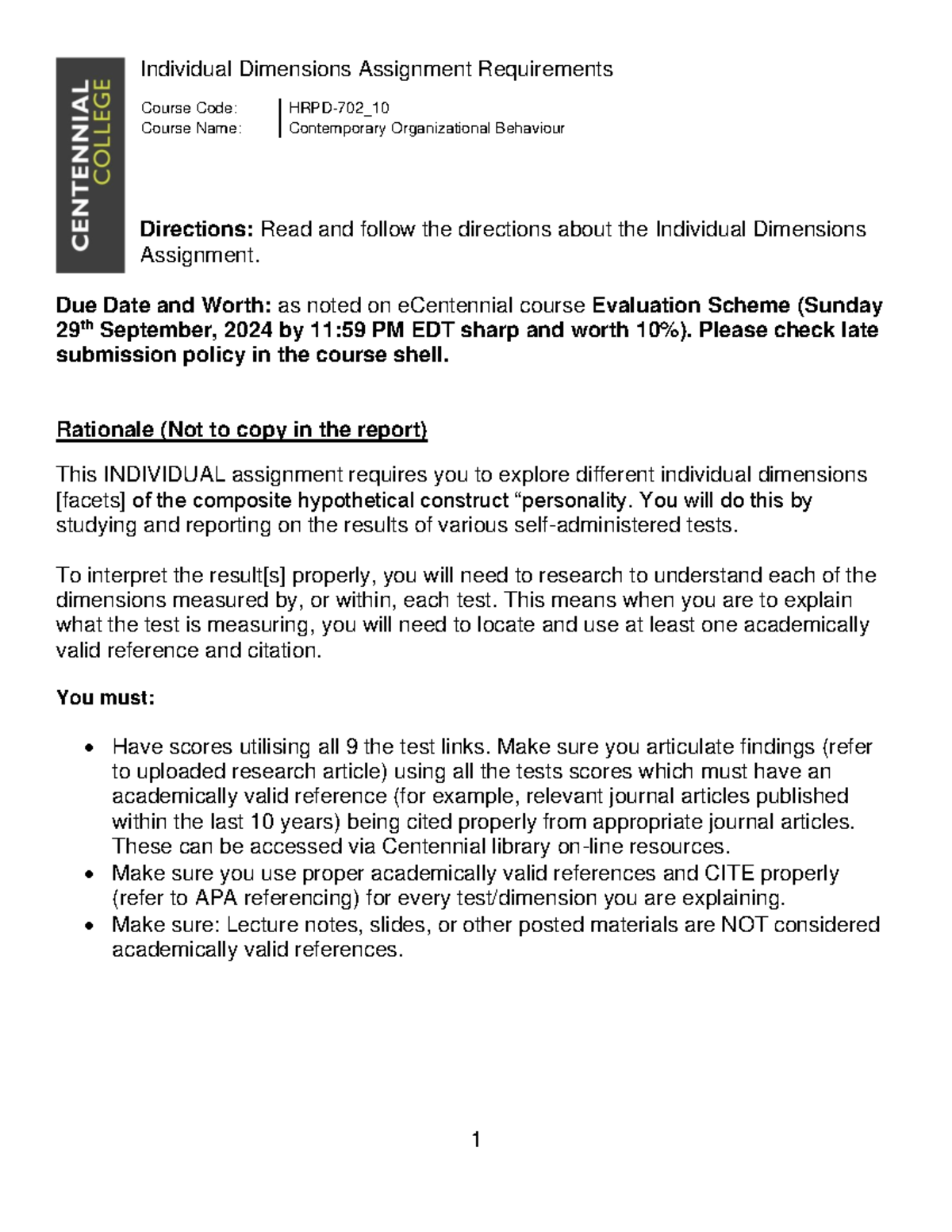 Individual Dimensions Assignment Fall 24 - 1 Individual Dimensions Assignment Requirements ...
